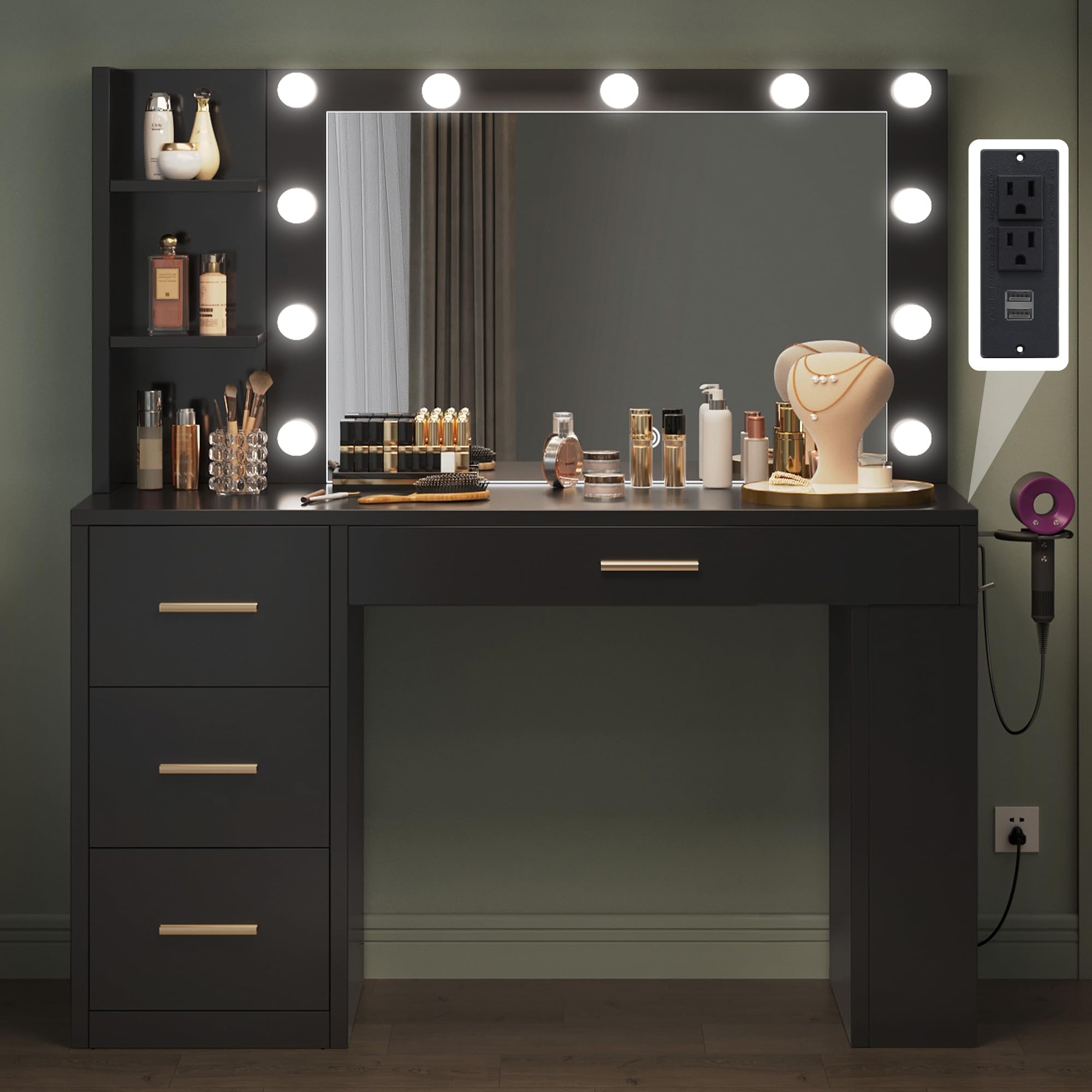 DWVO Makeup Vanity Desk with Mirror & Lights Bulbs, Vanity Table with Powers Strips 4 Drawers & 3 Storage Shelves, 3 Color Modes & Adjustable Brightness Dressing Table, Black