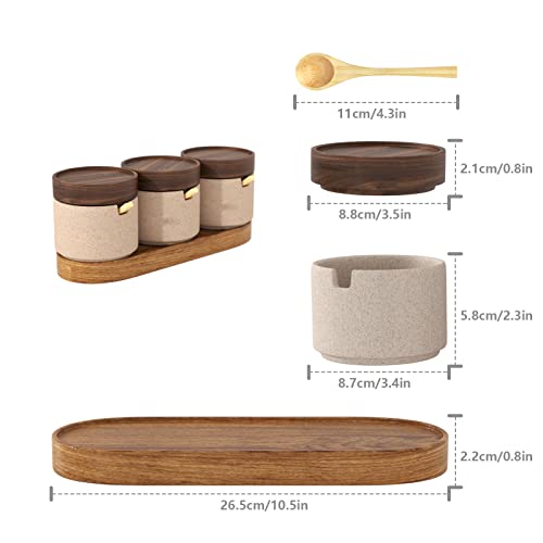 ISABETTA 3 Pcs Sugar Bowls Ceramic Condiment Pots,Ceramic spice jar,Ceramic Seasoning Jar with Wooden Lid Spoon and Tray for Home and Kitchen