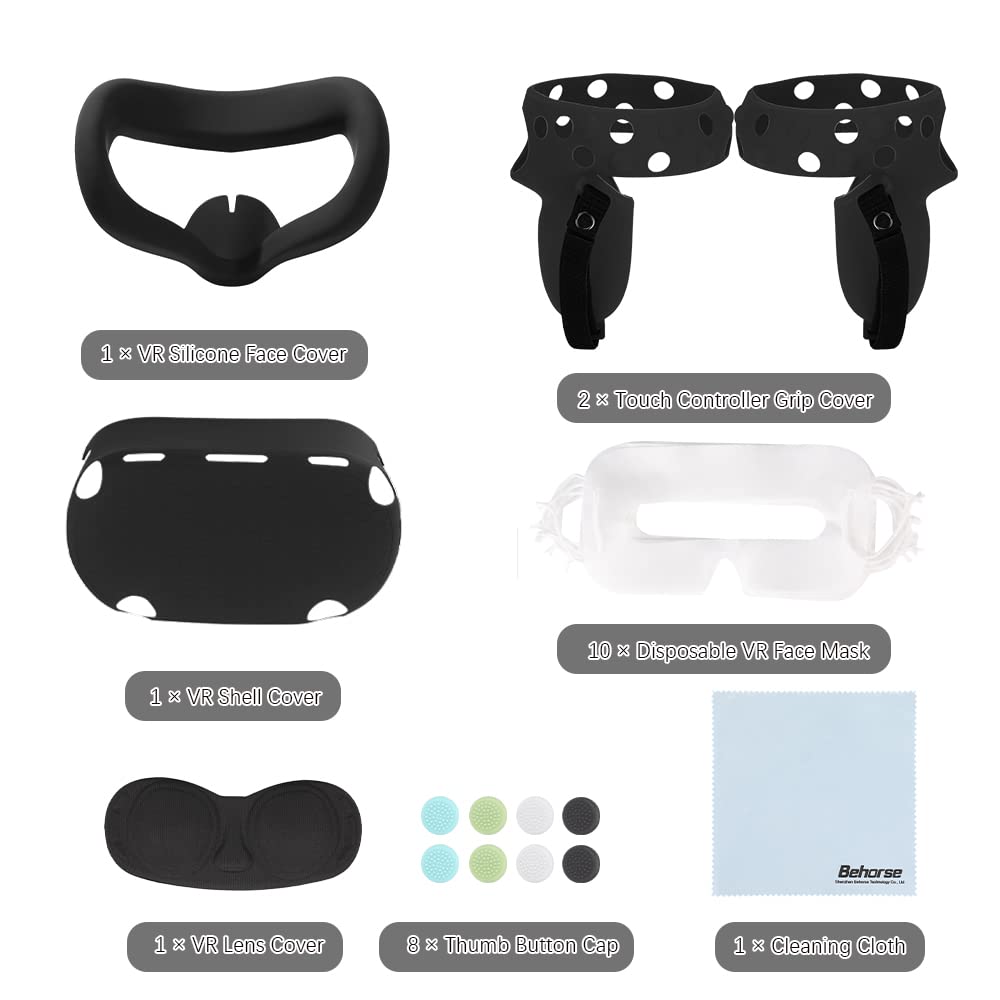 BestMal Touch Controller Grip Cover for Oculus Quest 2 with VR Silicone Face Cover, VR Shell Cover, Quest 2 Lens Cover, Thumb Button Cap, VR Disposable Mask and Cleaning Cloth (Black)