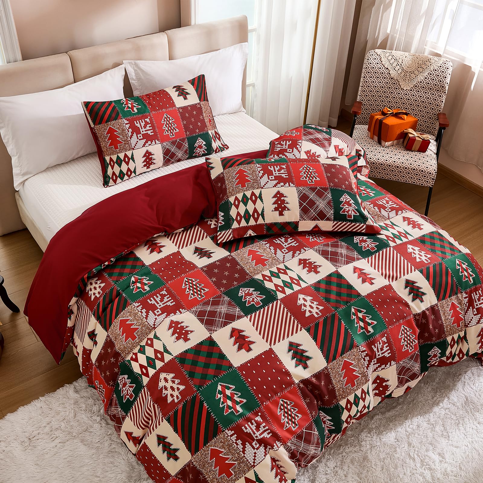 Dintszyayue Christmas Duvet Cover Set Queen Size,3 Pieces Patchwork Plaid Bedding Set Red and Green Christmas Tree Printed Duvet Soft Microfiber Duvet Comforter Covers with Zipper Closure