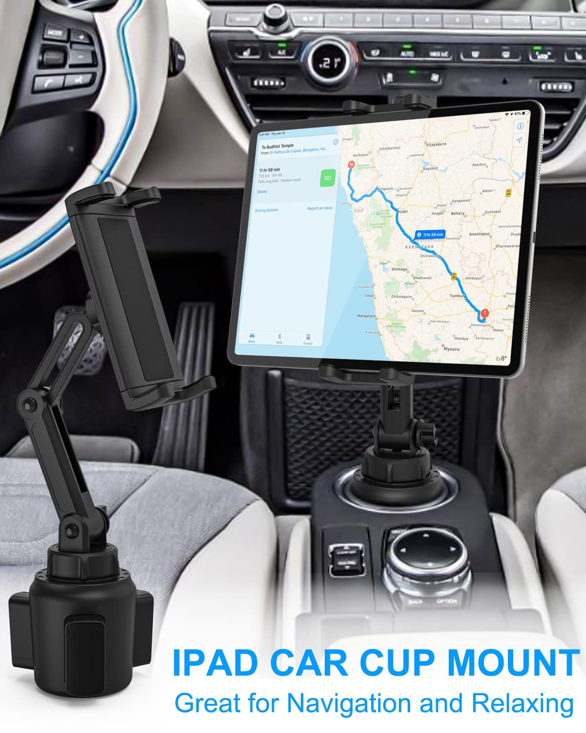 Car Cup Holder Tablet Mount for iPad, Multi-Angle Adjustable Truck Cup Mount Tablet Holder, Sturdy Vehicle Cup Stand Phone Cradle for iPad 12.9 Pro Air Mini, Galaxy Tabs, iPhone, 4-13" Tablets