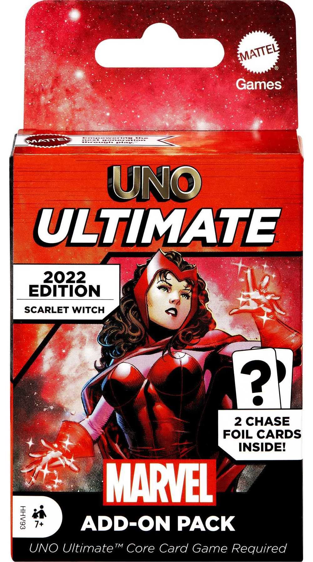 Mattel Games UNO Ultimate Marvel Card Game Add-On Pack with Scarlet Witch Character Deck & 2 Collectible Foil Cards, Gift for Collectors & Kids Ages 7 Years & Older