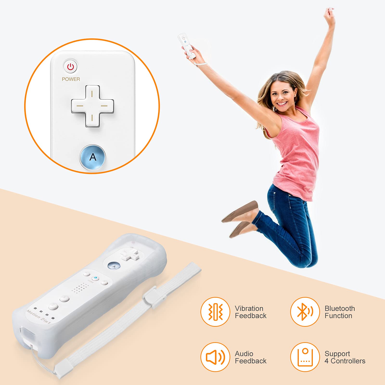 LORDONE Wii Remote Controller, Wireless Game Wii Remote with Motion Plus for Nintendo Wii and Wii U, with Silicone Case and Wrist Strap (2-Pack, White)