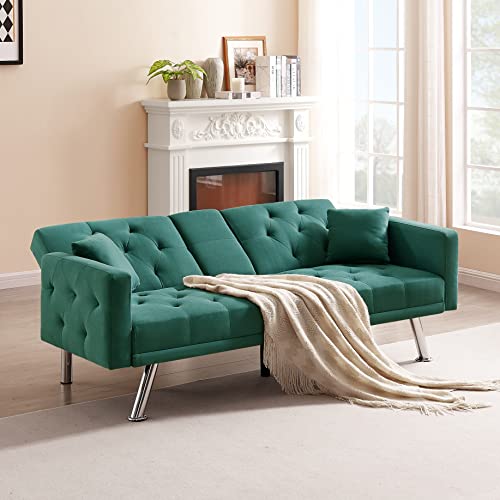 Eafurn Convertible Futon Sofa Bed, Soft Upholstered Loveseat Adjustable Sleeper Couch,Button Tufted Sofa & Couch with Removable Pillow Top Armrests and 2 Cup Holders, Green