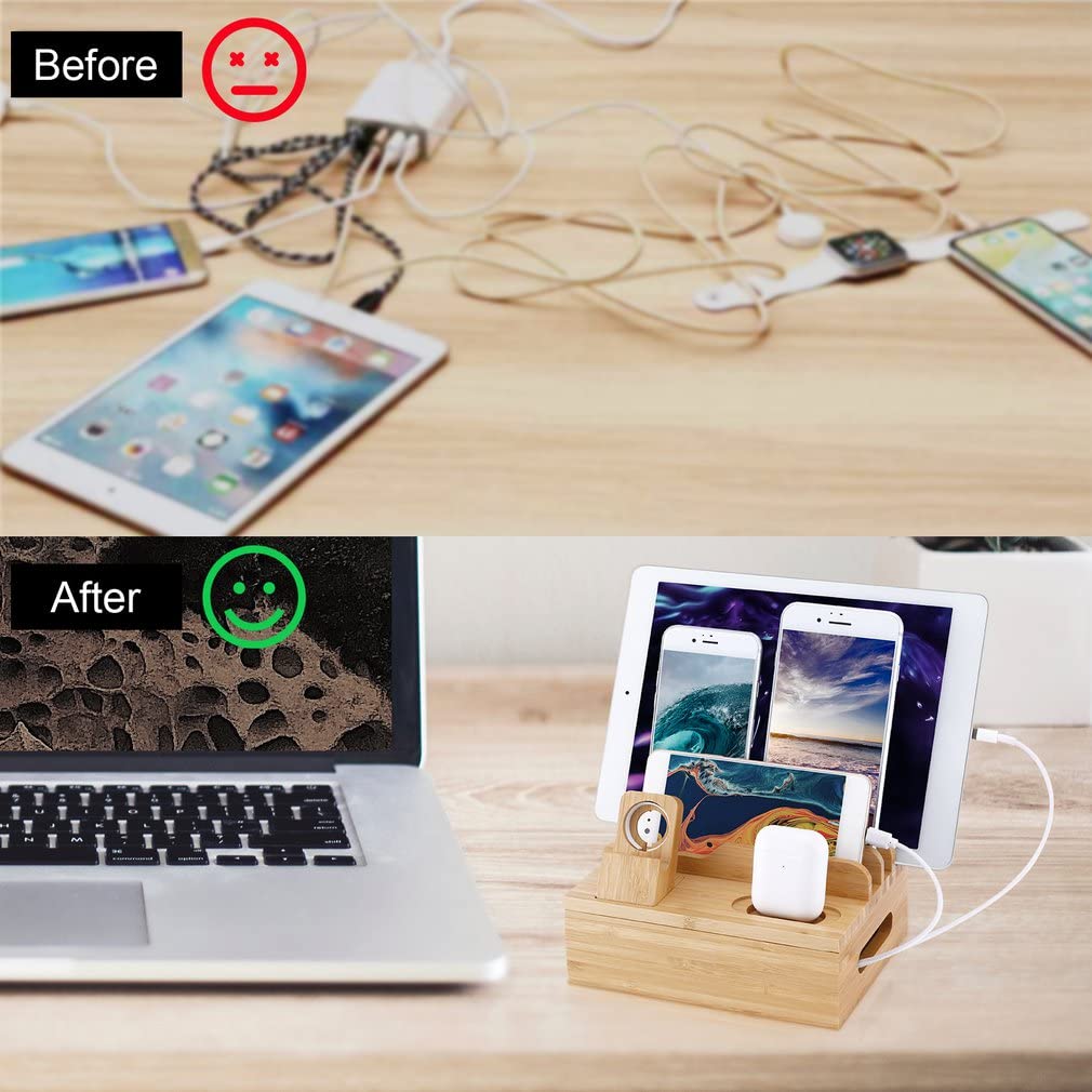 Bamboo Charging Station for Apple Multiple Devices Wood Desk Organizer and Accessories,Desk Drawer Organizer Extended Port Cell Phone Docking Station for iPhone Ipad Apple Watch Airpods