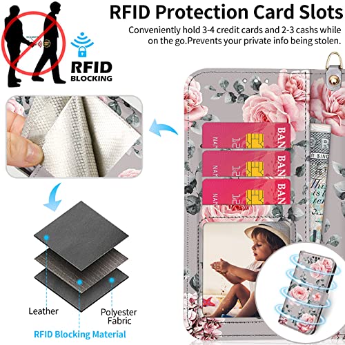 HOGGU iPhone 13 Pro Wallet Case - Magnetic Detachable iPhone 13 Pro Case Wallet with RFID Blocking Card Holder, Hand Strap, Floral Flower PU Leather Flip Cover Case for Women Girls(Gray)