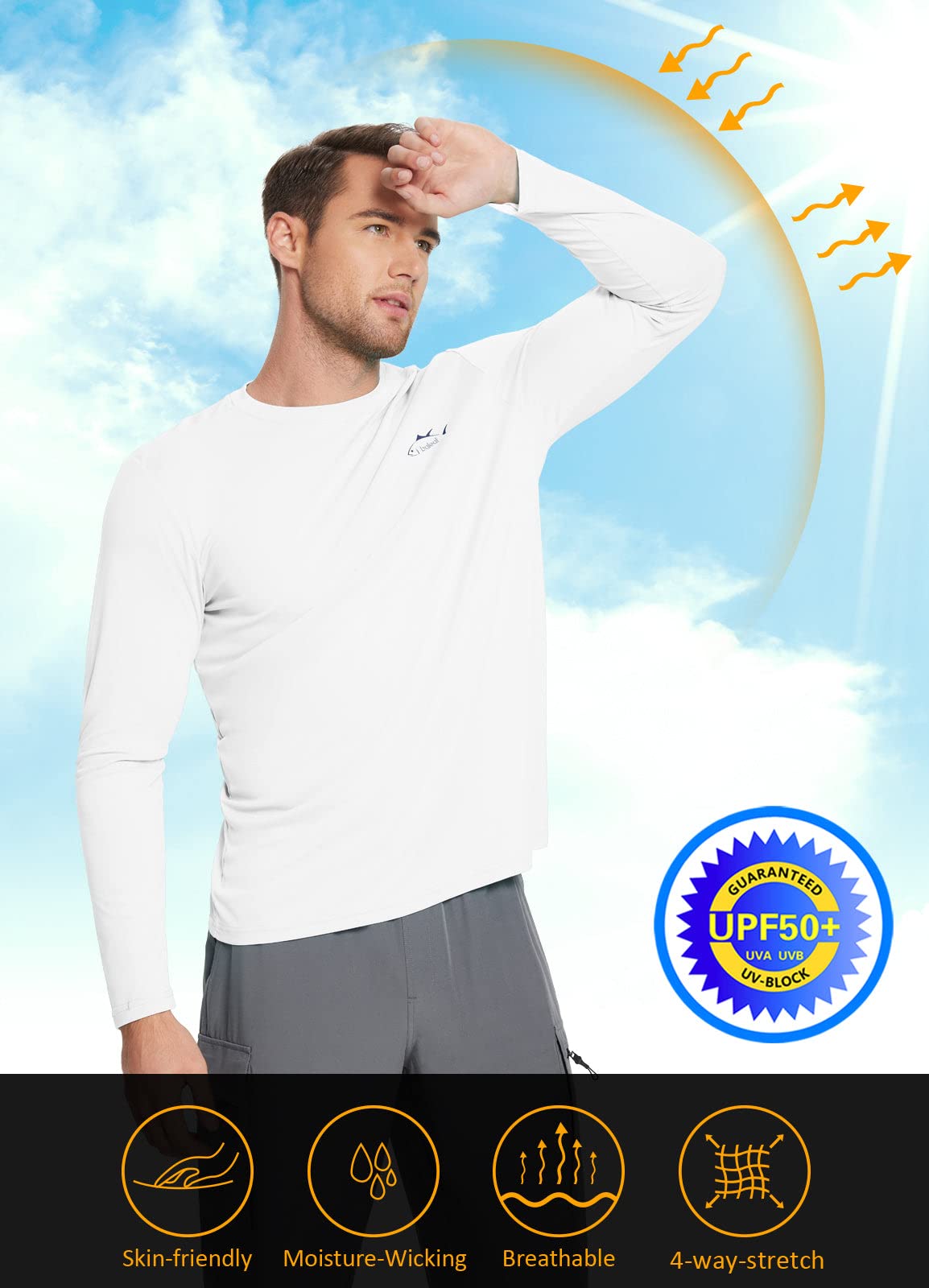 BALEAF Men's Fishing Shirts Long Sleeve Performance UPF 50+ Sun Protection SPF T-Shirts Swimming Quick Dry White XL