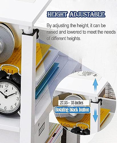 GFertre 2 in 1 Overbed Table with Wheels, Bedroom Side Table, Foldable Bedside Table with Drawer, Height Adjustable Over Bed Desk Laptop Mobile Computer Desk Workstation with Wheels Nightstand (White)