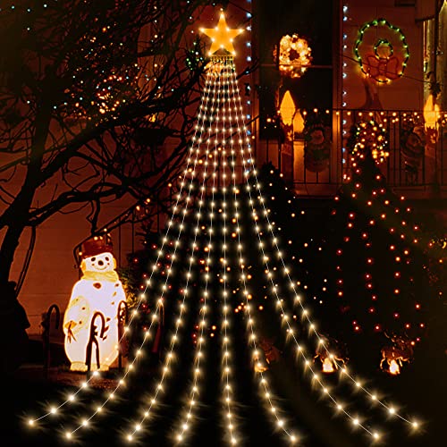 Ghope 298 LED 11.5ft Christmas Decorations Waterfall Lights，8 Modes Timer IP44 Waterproof Christmas Light，Tree Lights with Star Topper，Hanging Fairy Twinkle Lights for Holiday, Party, Wedding