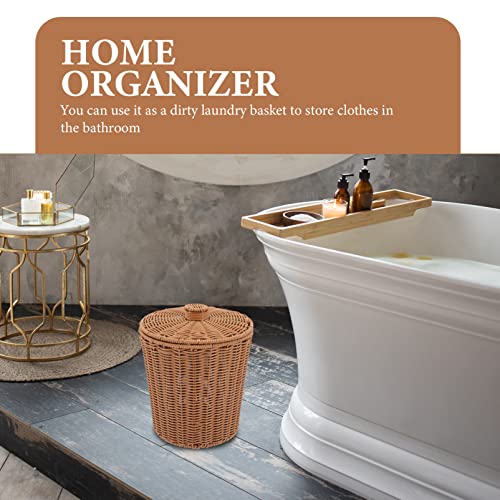 DOITOOL Wicker Storage Basket with Lid Round Rattan Storage Basket for Storage, Wicker Waste Basket for Bedroom, Bathroom, Offices Or Home ( 24x24cm )