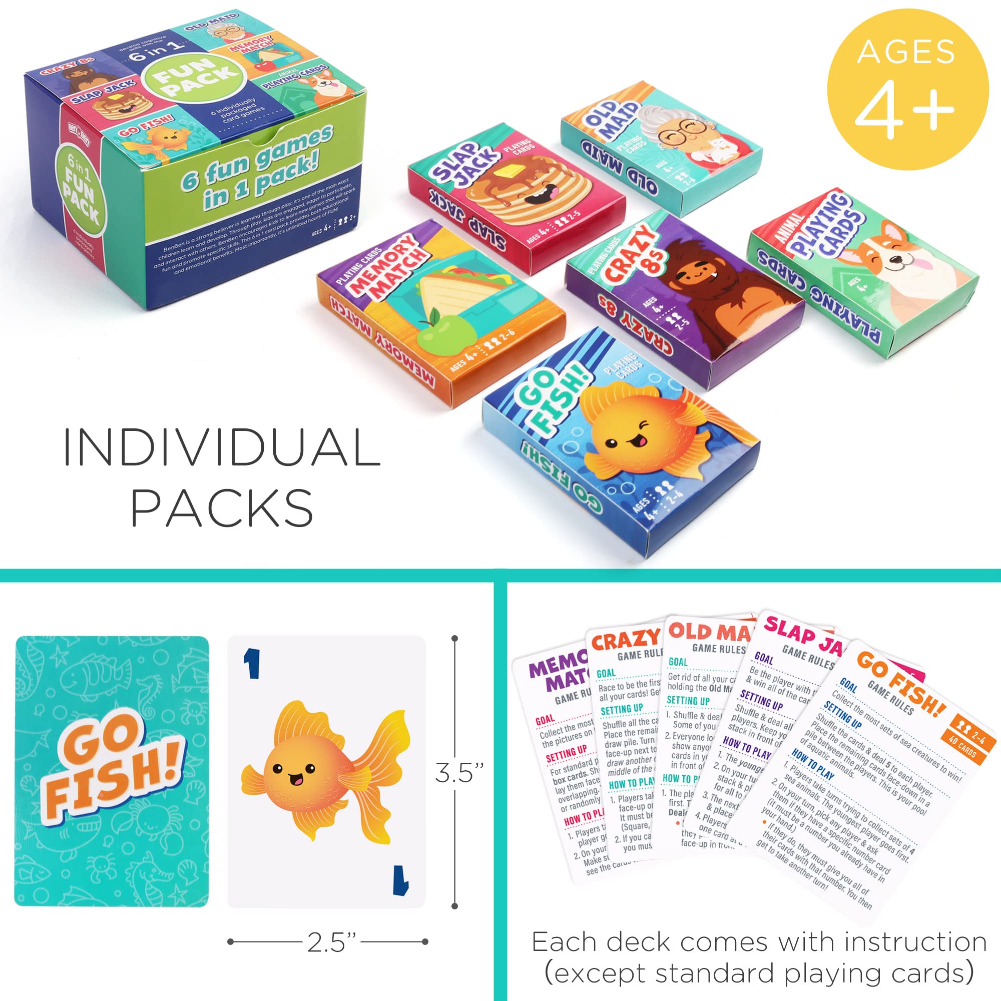 LotFancy Card Games for Kids, 6 Decks, Go Fish, Old Maid, Crazy Eights, Memory Match, Slap Jack, Animal Playing Cards, Easter Basket Stuffers, Stocking Stuffers