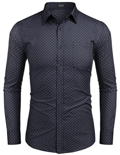 COOFANDY Men's Business Dress Shirt Long Sleeve Regular Fit Shirt Casual Polka Dot Printed Button Down Shirts Navy Blue
