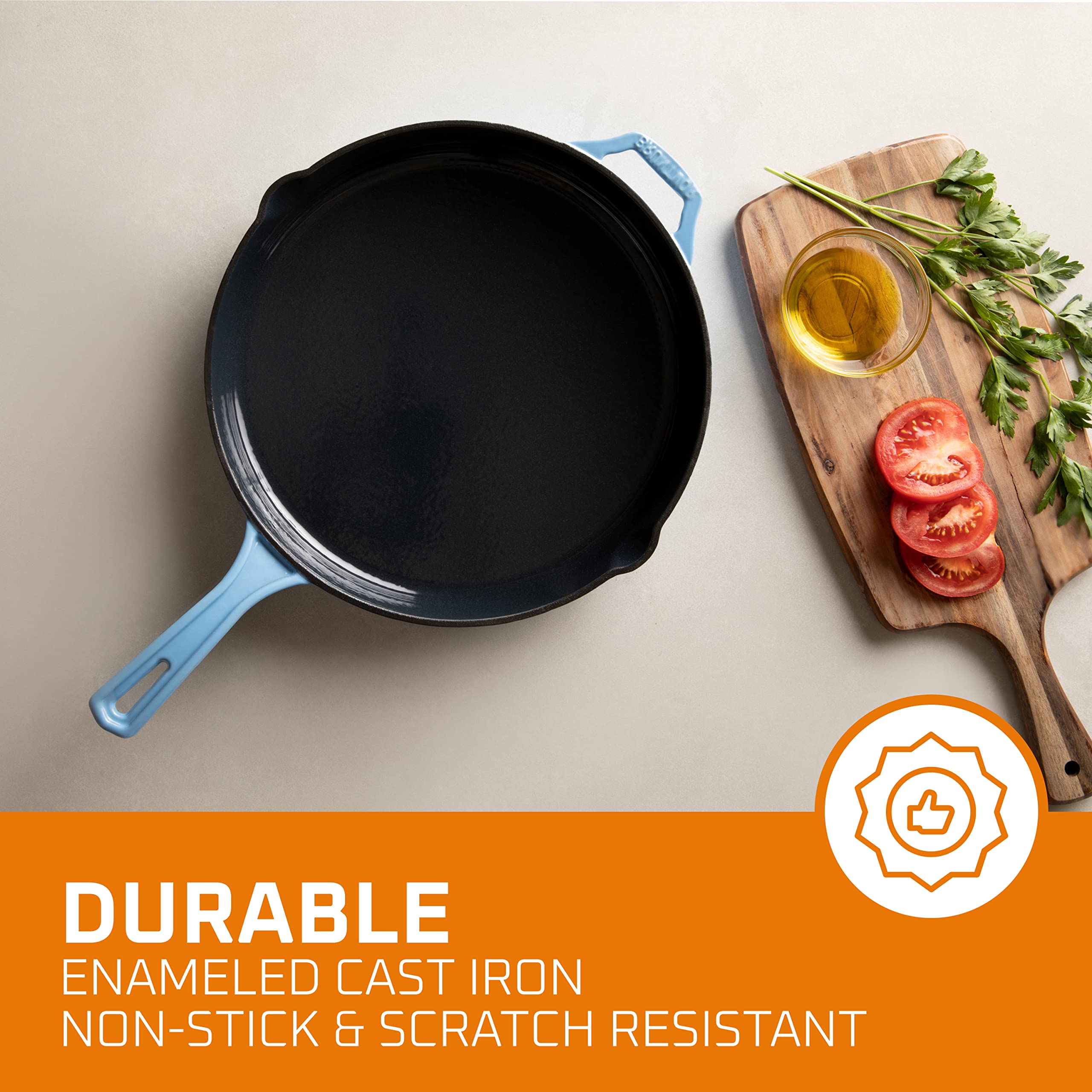 Bruntmor 5 Qt Turquoise Enamel Cast Iron Sauté Pan With Lid, 5 Quart Oven Safe Cast Iron Skillet, Cast Iron Grill Pan Set, Nonstick Cookware And Bakeware For Casserole Dish