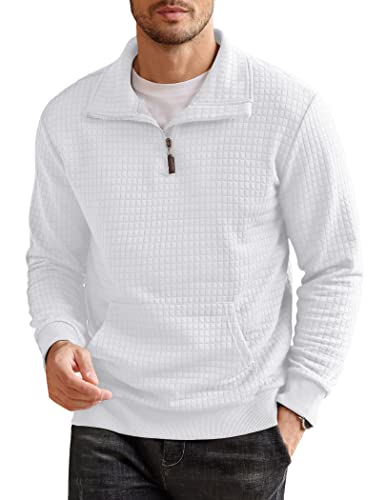 COOFANDY Men's Thermal Collar Sweatshirt Long Sleeve Zip Up Gym Athletic Golf Pullover 1/4 zip sweatshirt White X-Large