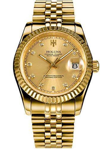 HOLUNS Mens Full Gold Watch Automatic Mechanical Gilded Steel Self-Wind Sapphire Glass Dress Waterproof Watch (Gold)