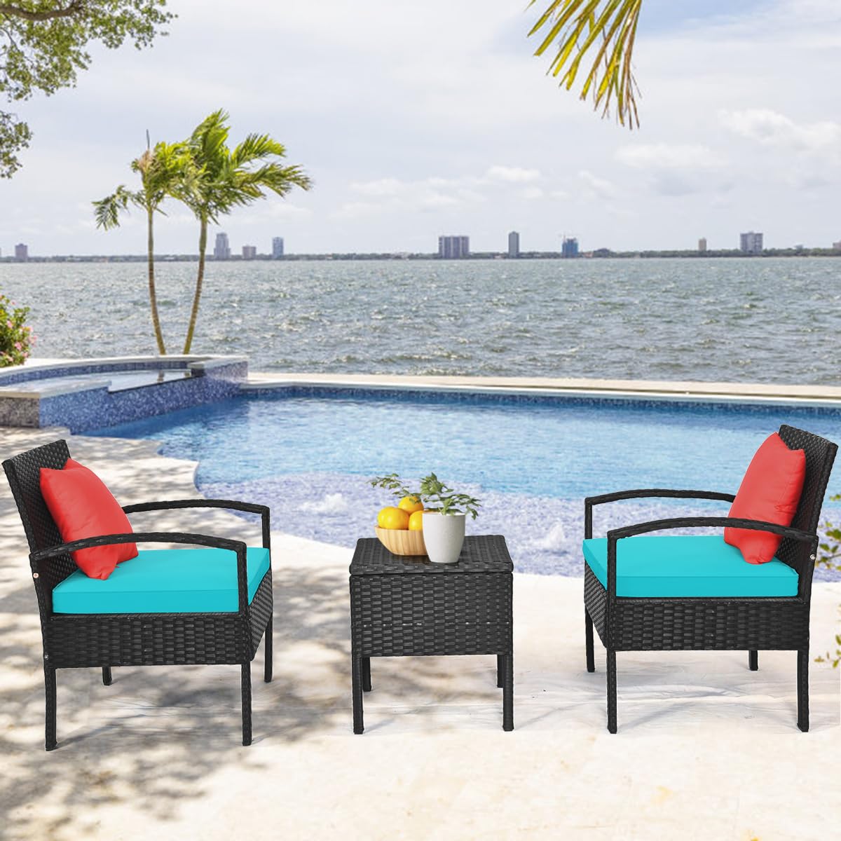 DORTALA 3 Piece Wicker Patio Furniture Set, Outdoor Conversation Bistro Sets with Rattan Chairs & Storage Table for Backyard Porch Garden Poolside, Turquoise