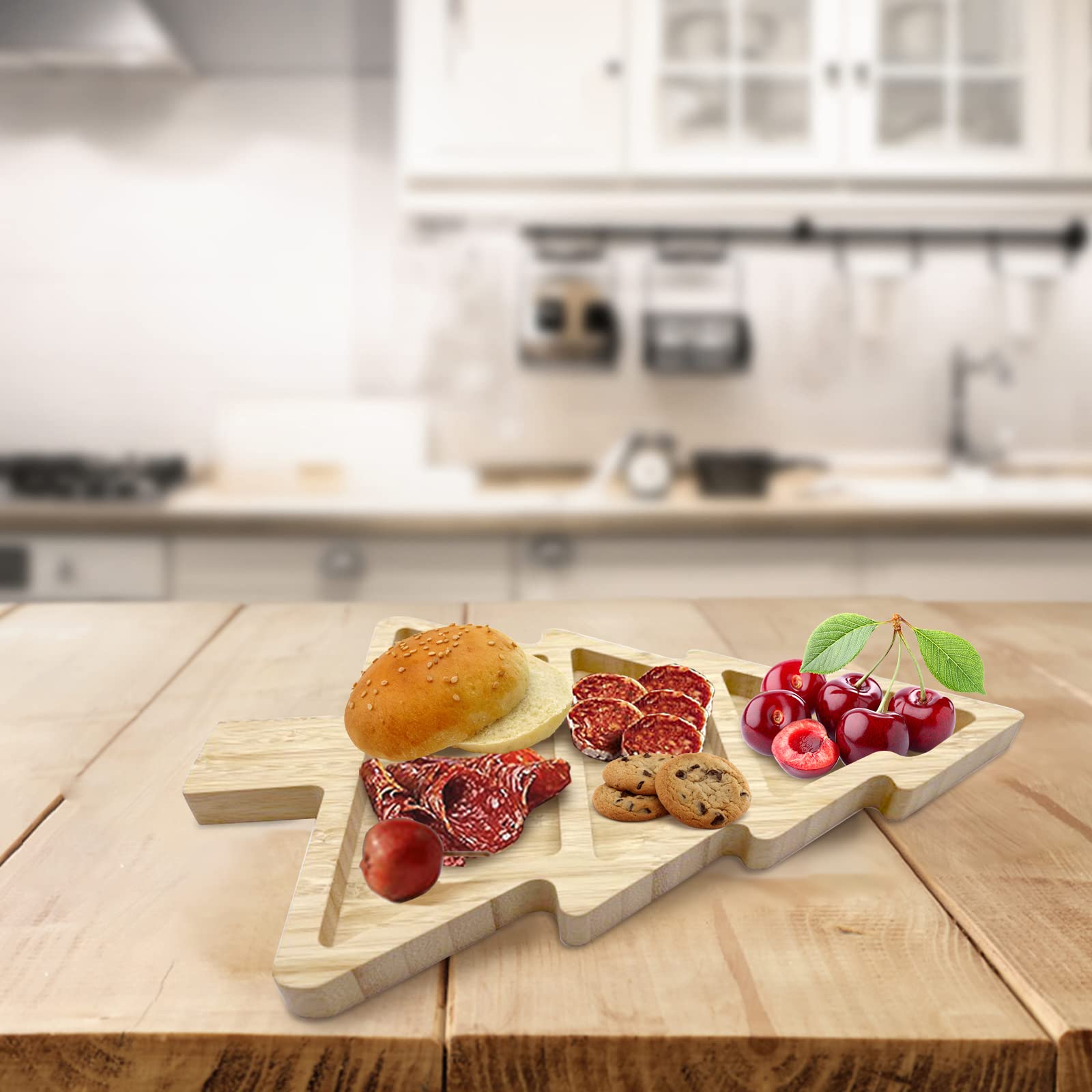 Bamboo Serving Platter, Multiple Spaces Reusable Bamboo Plates, Novel Shape Charcuterie Board Set with Knife & Fork, Fruit, Bread, Salad Plate for Christmas Thanksgiving (Christmas Tree)