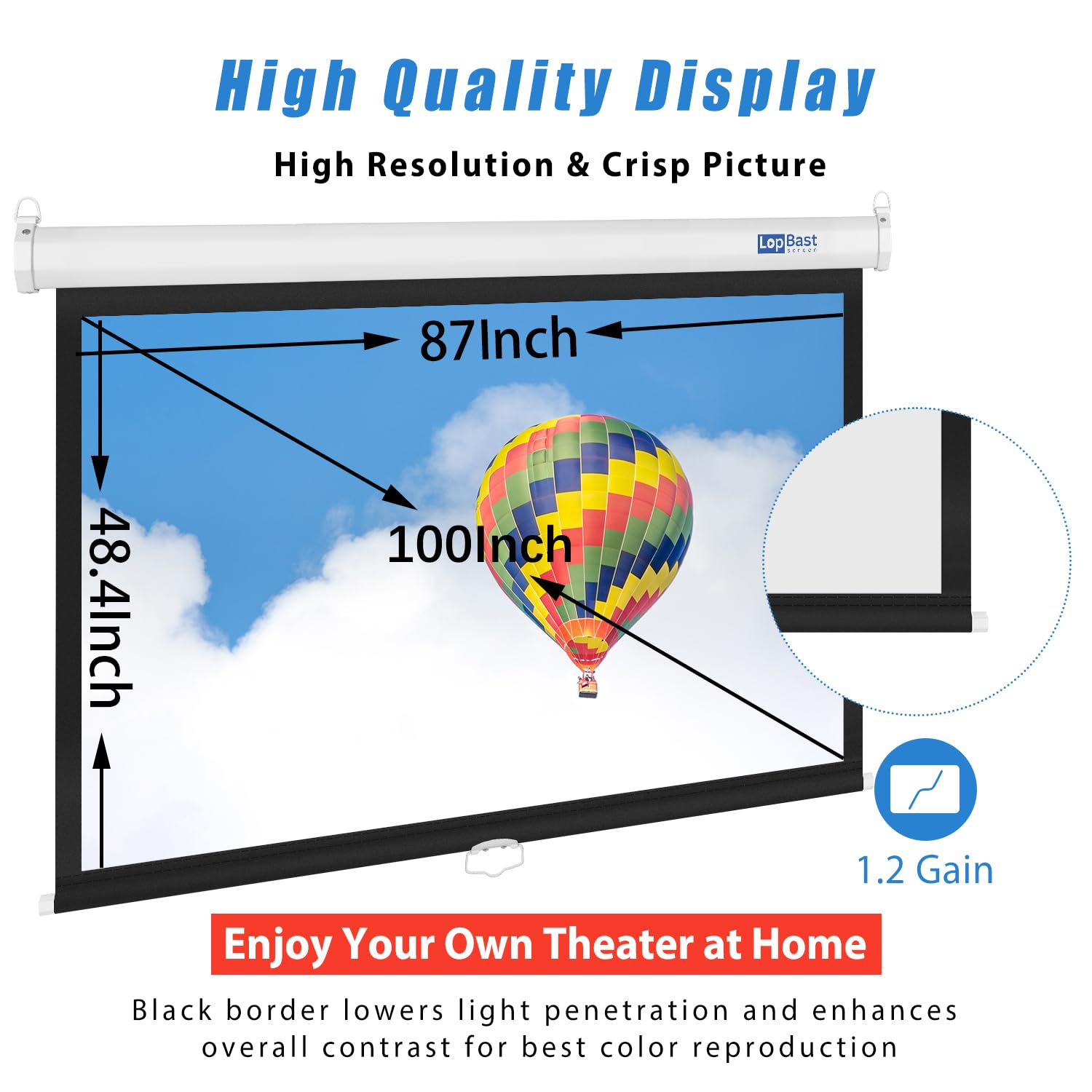 LopBast Screen 100INCH Manual Pull Down White Projector Screen 16:9 1.2 Gain Retractable Auto-Locking 4K 8K 3D Ultra HD for Home Theater Movie Office Game Projection Screen with Slow Retract Mechanism