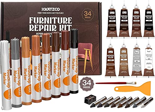 Katzco Total Furniture Repair Kit - Set of 34 - Resin Repair Wood Filler, Brushes, Markers with Plastic Scraper - for Stains, Scratches, Wood Floors, Tables, Desks, Carpenters, Bedposts