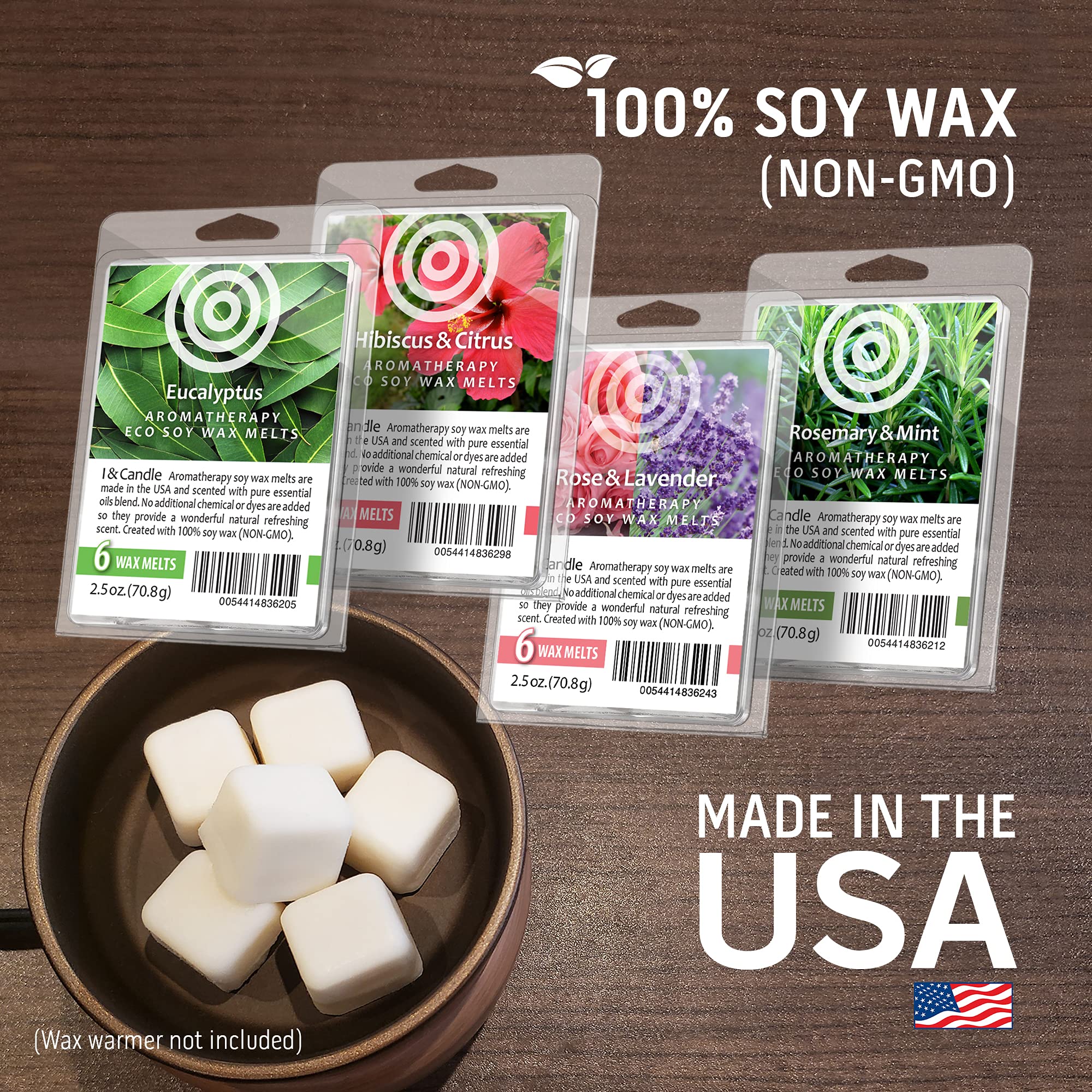 I & Candle, (Set of 4) Eucalyptus / Hibiscus & Citrus / Rose & Lavender / Rosemary & Mint Aromatherapy Wax Melts. 100% Soy Wax Non-GMO. Made in the USA