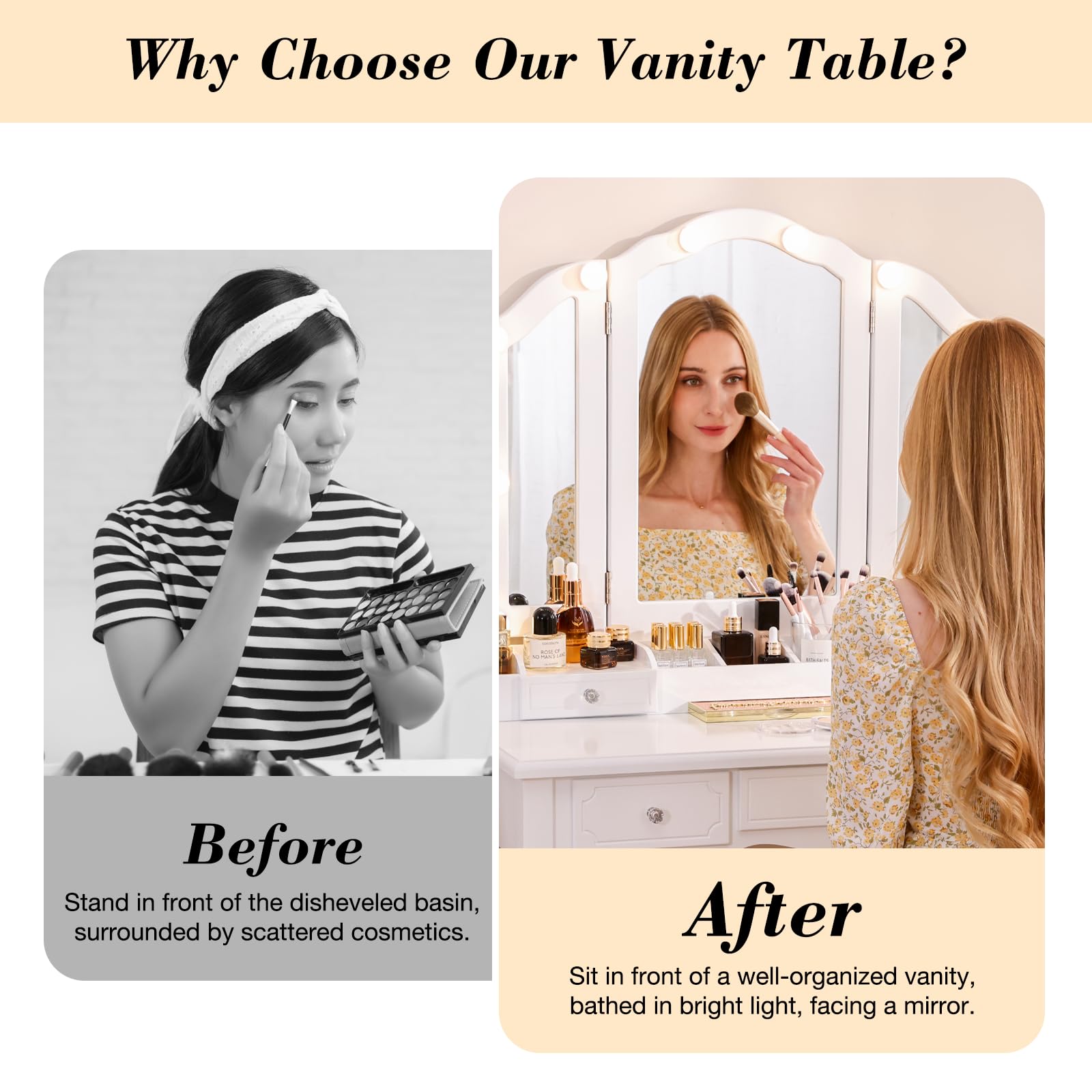 BLEXA White Makeup Vanity Table Set Vanity Desk with Light and Mirror Vanity Table with Drawers and Cushioned Stool Makeup Table with Mirror for Women and Girls(White) 