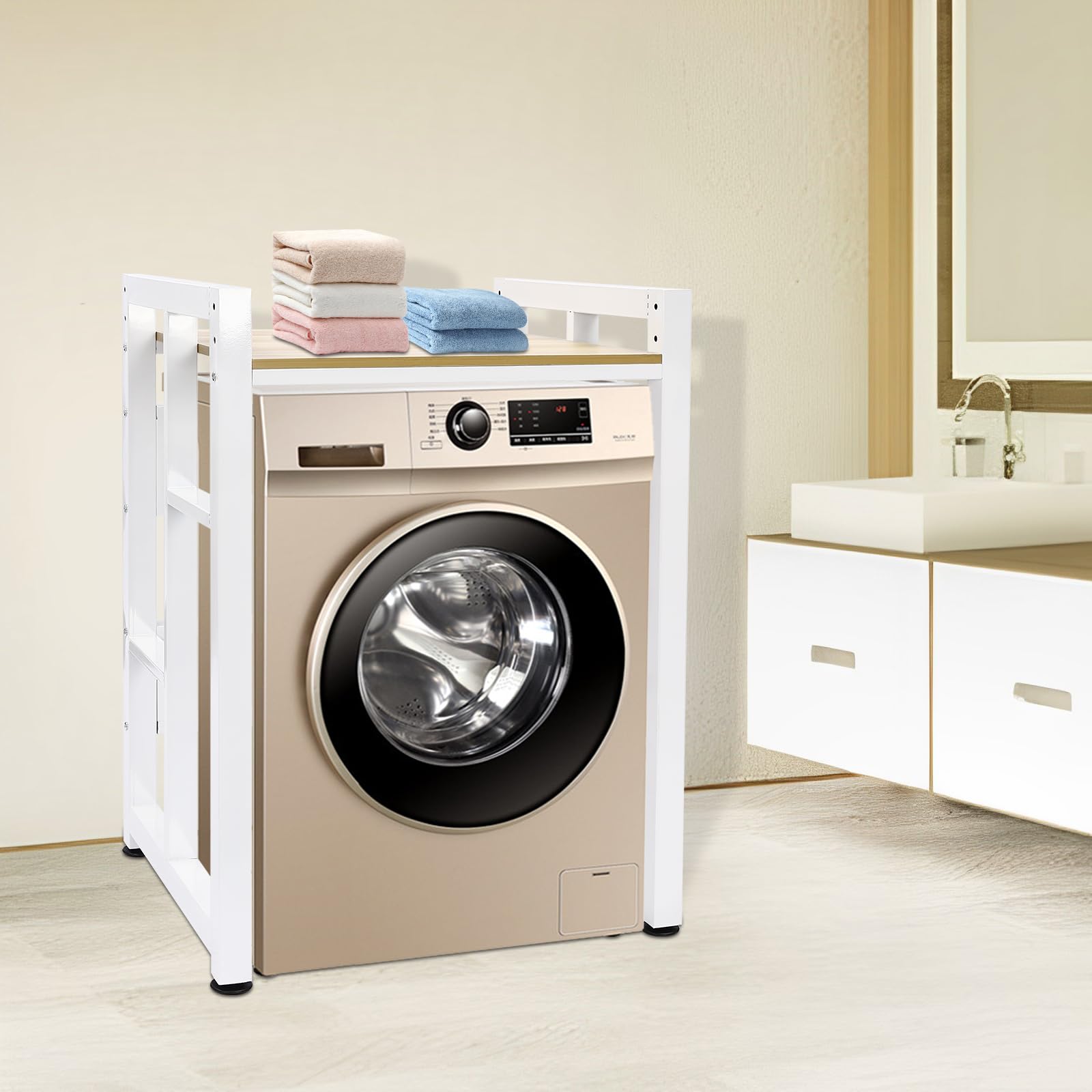 CeRaBuRET Washer and Dryer Rack, Washer and Dryer Storage Shelf, Washer Dryer Stacking Rack Stand for Bathroom, Freestanding Bathroom Organizer Storage for Home Using (White, Light Walnut)