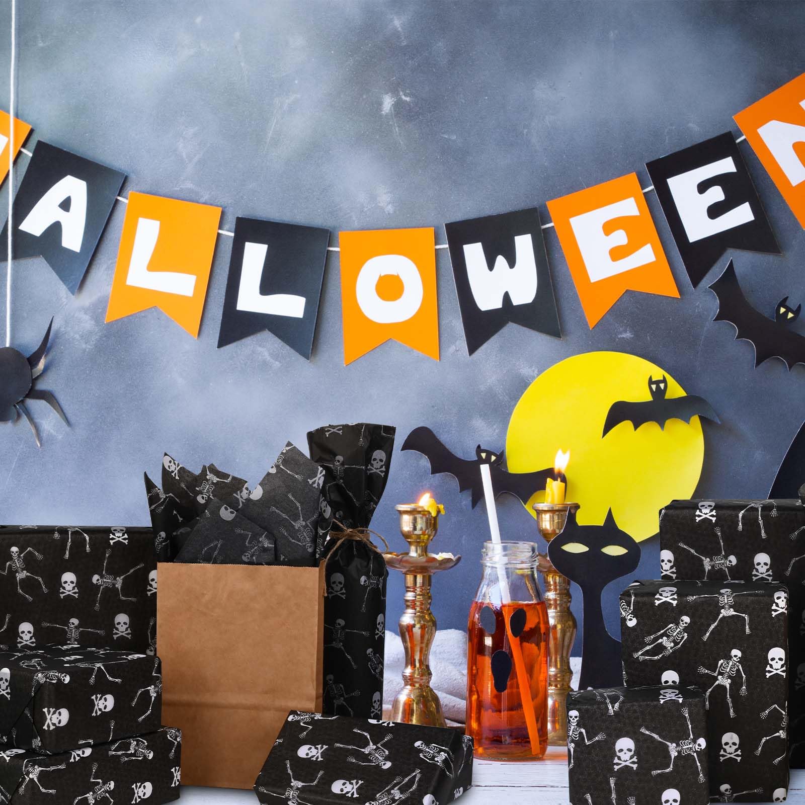 Bolsome 100 Sheets 20 × 14 Inches Halloween Tissue Paper for Gift Packaging Black White Dancing Skeleton Patterned Tissue Paper for Halloween Trick or Treat Party DIY Craft