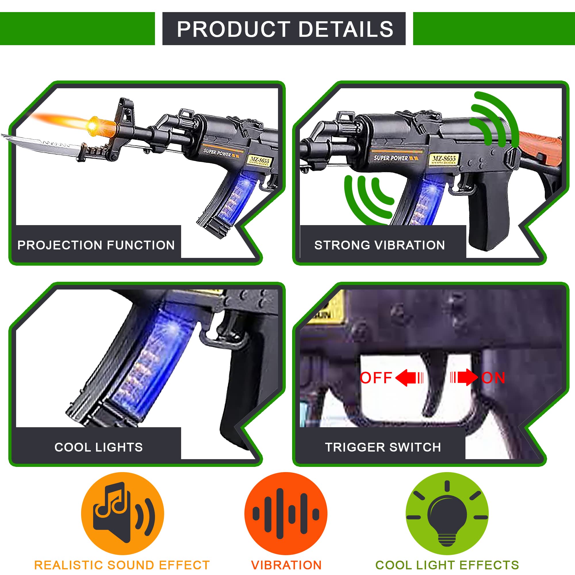 Light Up Toy Machine Gun with Folding Bayonet by ArtCreativity - Cool LED, Sound and Vibration Effect - 16 Inch Pretend Play Military Submachine Gun - Army Prop Gun for Boys and Girls
