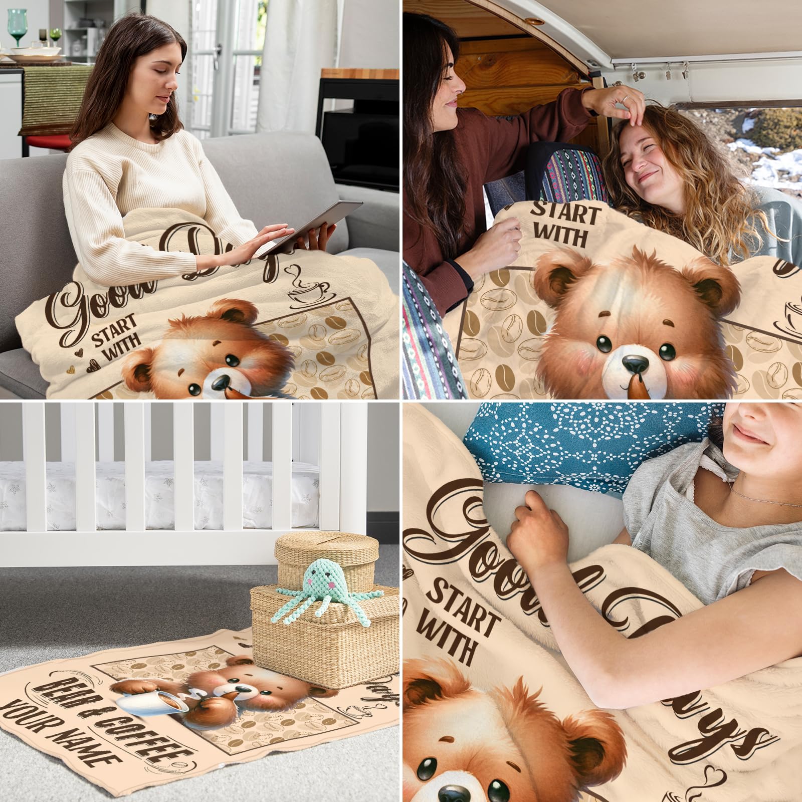 Customized Bear Blanket for Teens - Soft Warm Coffee Throw Blanket with Name - 50" x 60" Inches Blankets for Couch - Funny Throws Gift