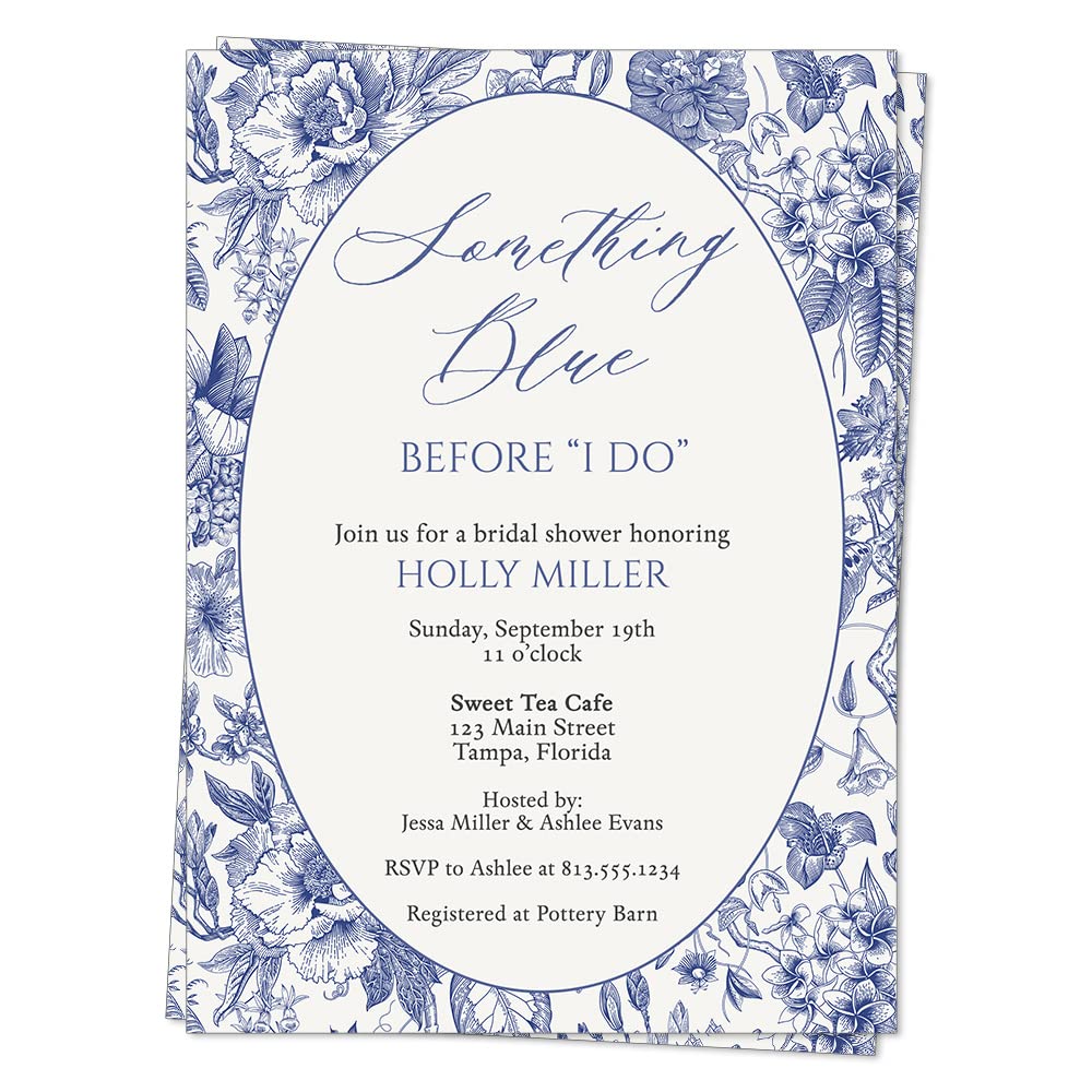 Bridal Shower Invitation Something Blue Classy Classic Vintage Floral Victorian Before I Do Wedding Shower Antique Customized Personalized Printed Cards (12 Count)