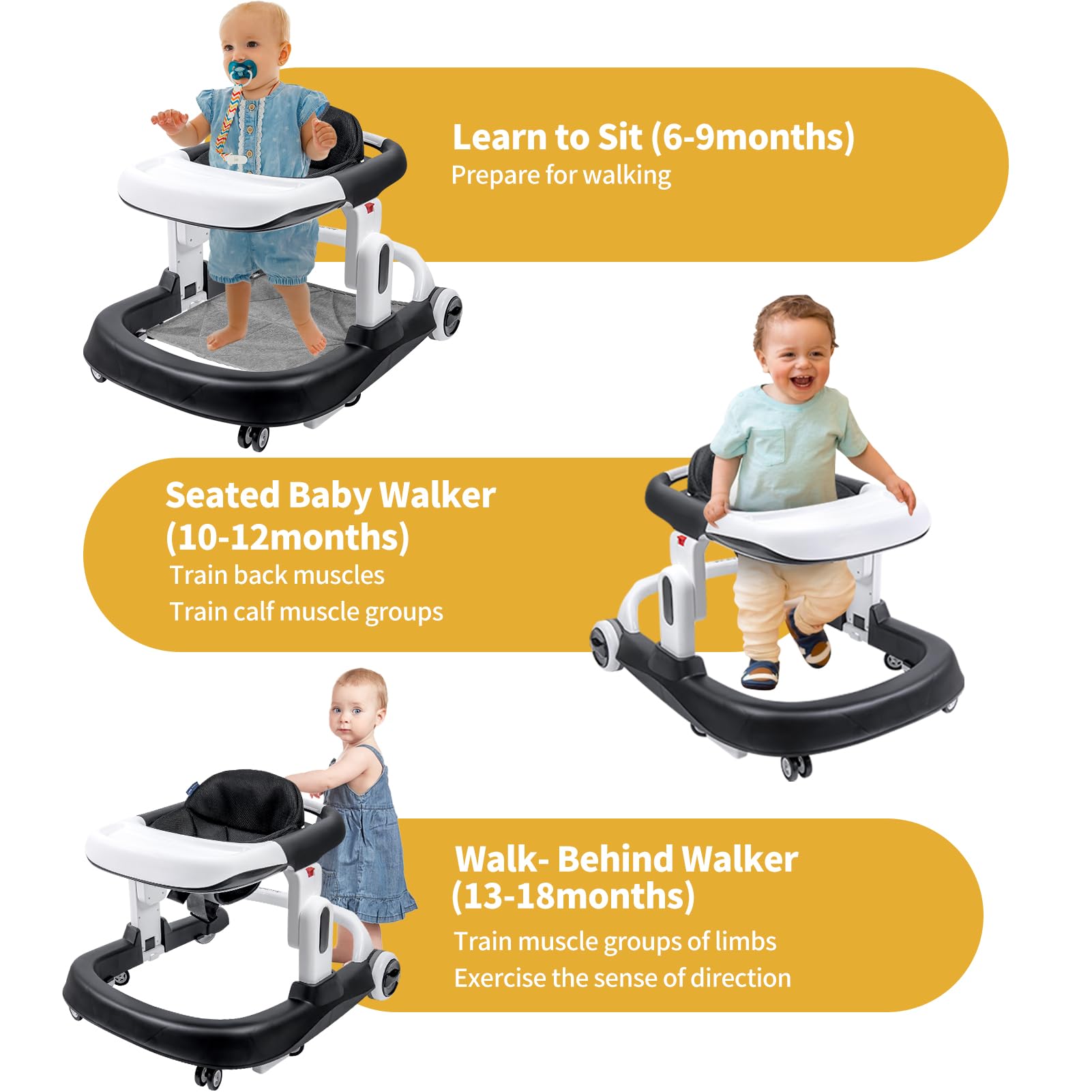 Baby Walker with Wheels, Activity Center with Mute Wheels Anti-Rollover, Learning-Seated, Walk-Behind, Height Adjustable Foldable Baby Walkers for Boys and Girls from 6-18 Months with Footrest…