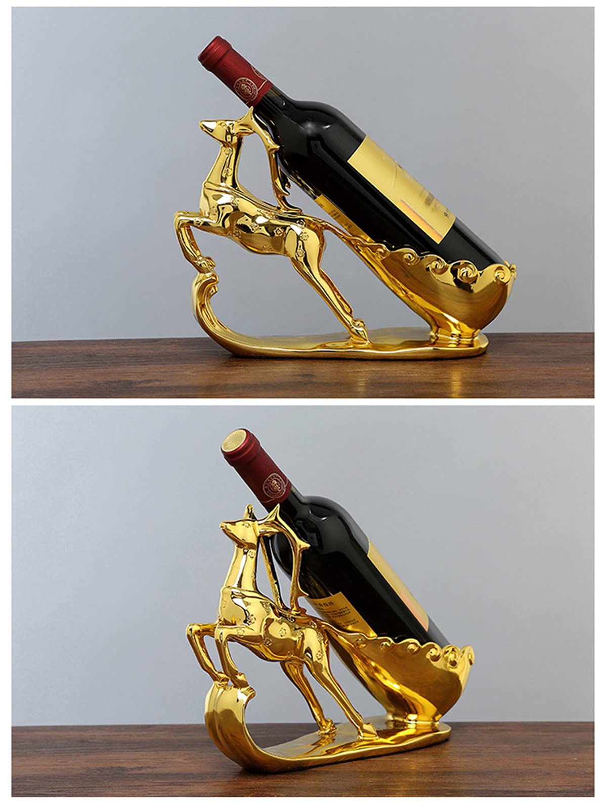 CdyBox Wine Rack Deer Ornaments Single Bottle Holder Stand Wine Cabinet Resin for Living Room Home Décor Gifts (Gold)
