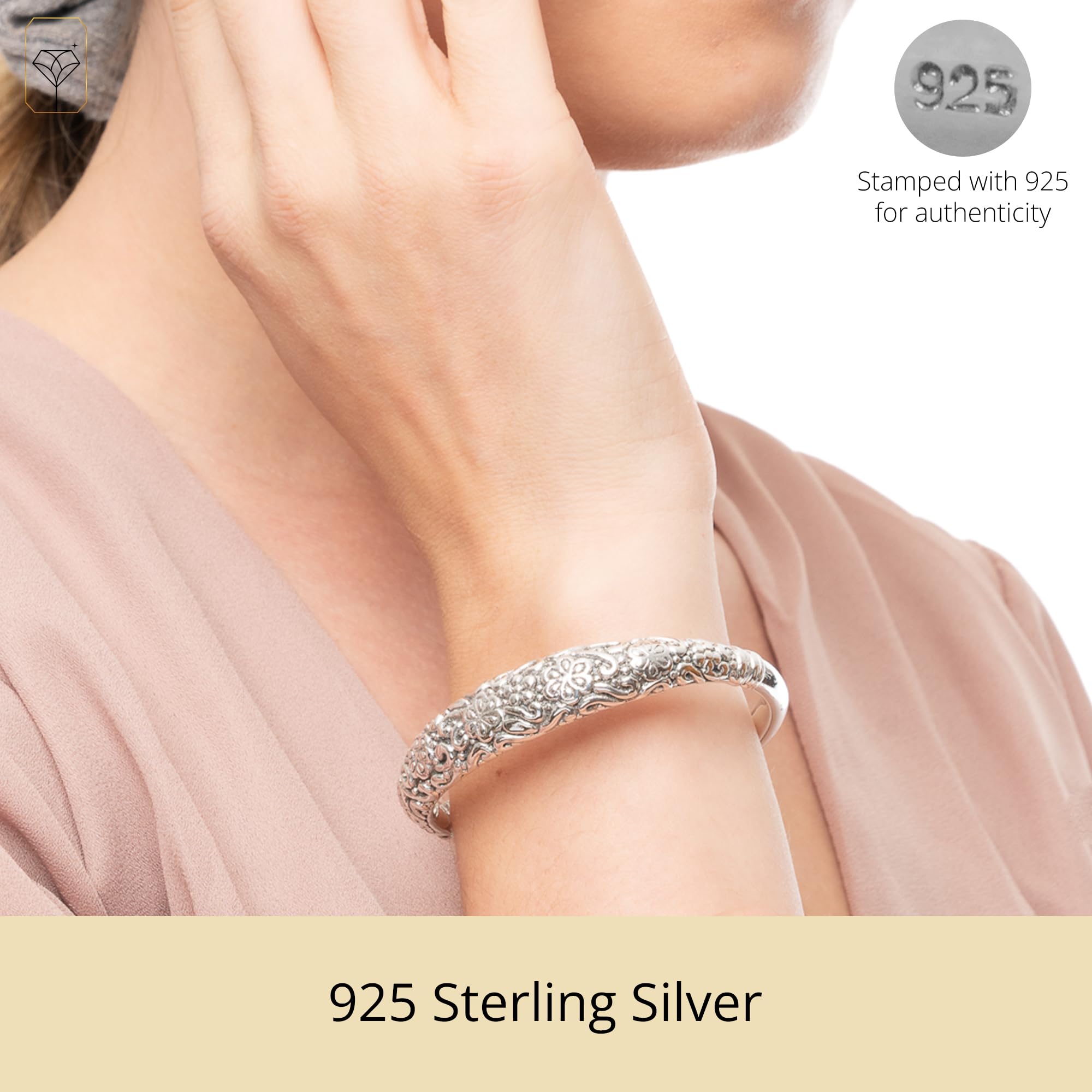 MAX + STONE Lightweight 925 Sterling Silver Bracelet for Women | 7 Inch Floral Bangle with Hinged Clasp | Anti-tarnishing Sterling Silver Bangle Bracelet for Women | Silver Bangles for Women