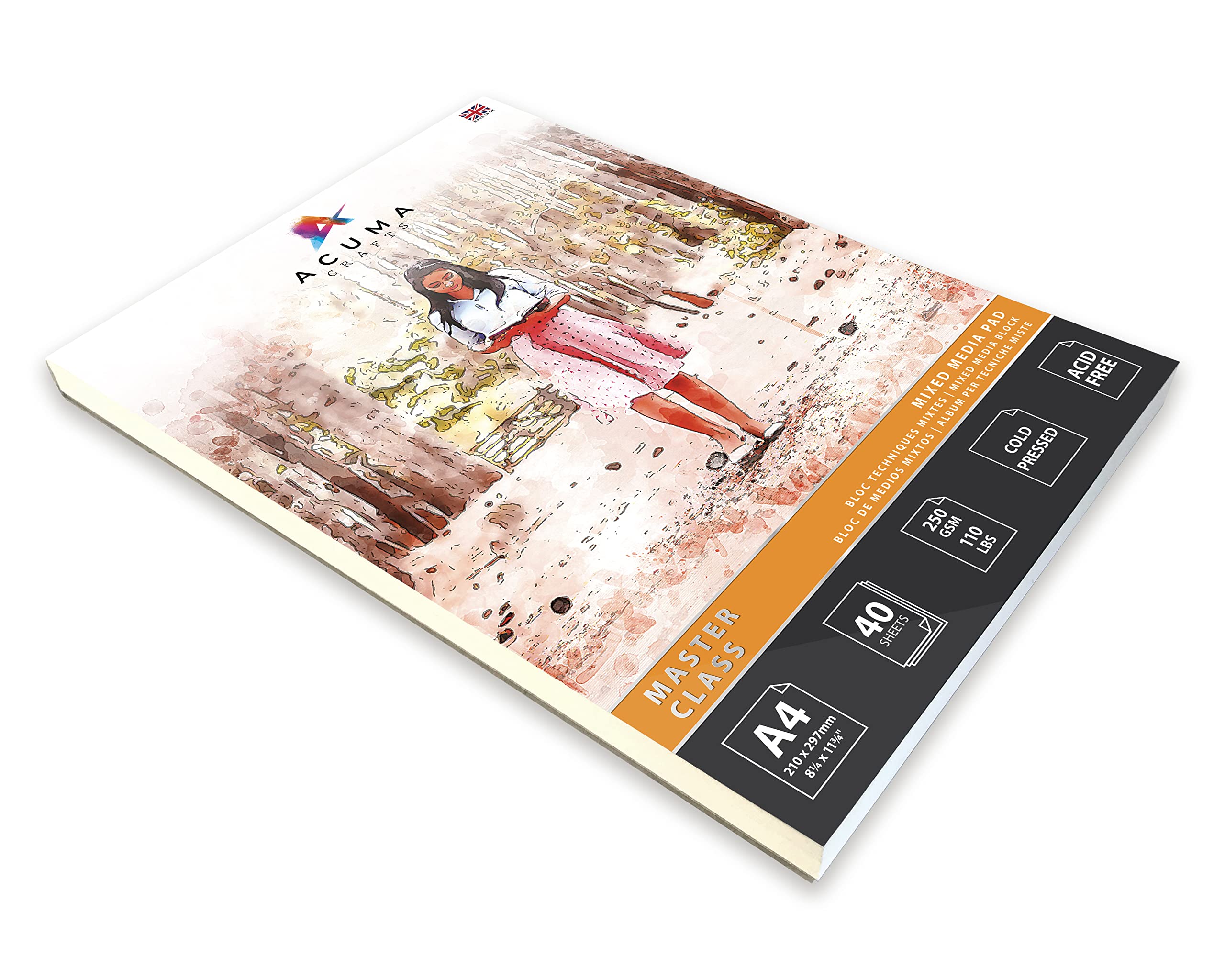 Mixed Media Paper Art Pad, 40 Sheets, A4 Size 110 lb/250 GSM, Glue Bound, Bleedproof, Acid Free, Cold Pressed for Artists Wet, Mixed Media Drawing and Techniques, Made in UK by Acuma Crafts
