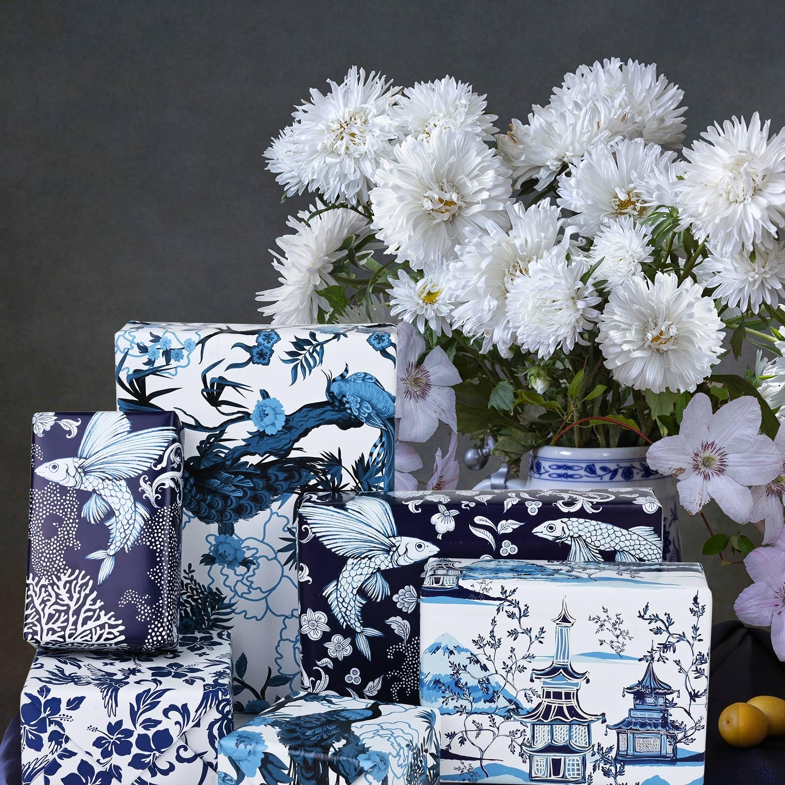 Bolsome 12 Sheets Blue White Chinoiserie Wrapping Paper Blue White Vintage Peony Floral Bird Fish Patterned Gift Wrap Paper for Wedding Bridal Shower Birthday DIY Craft