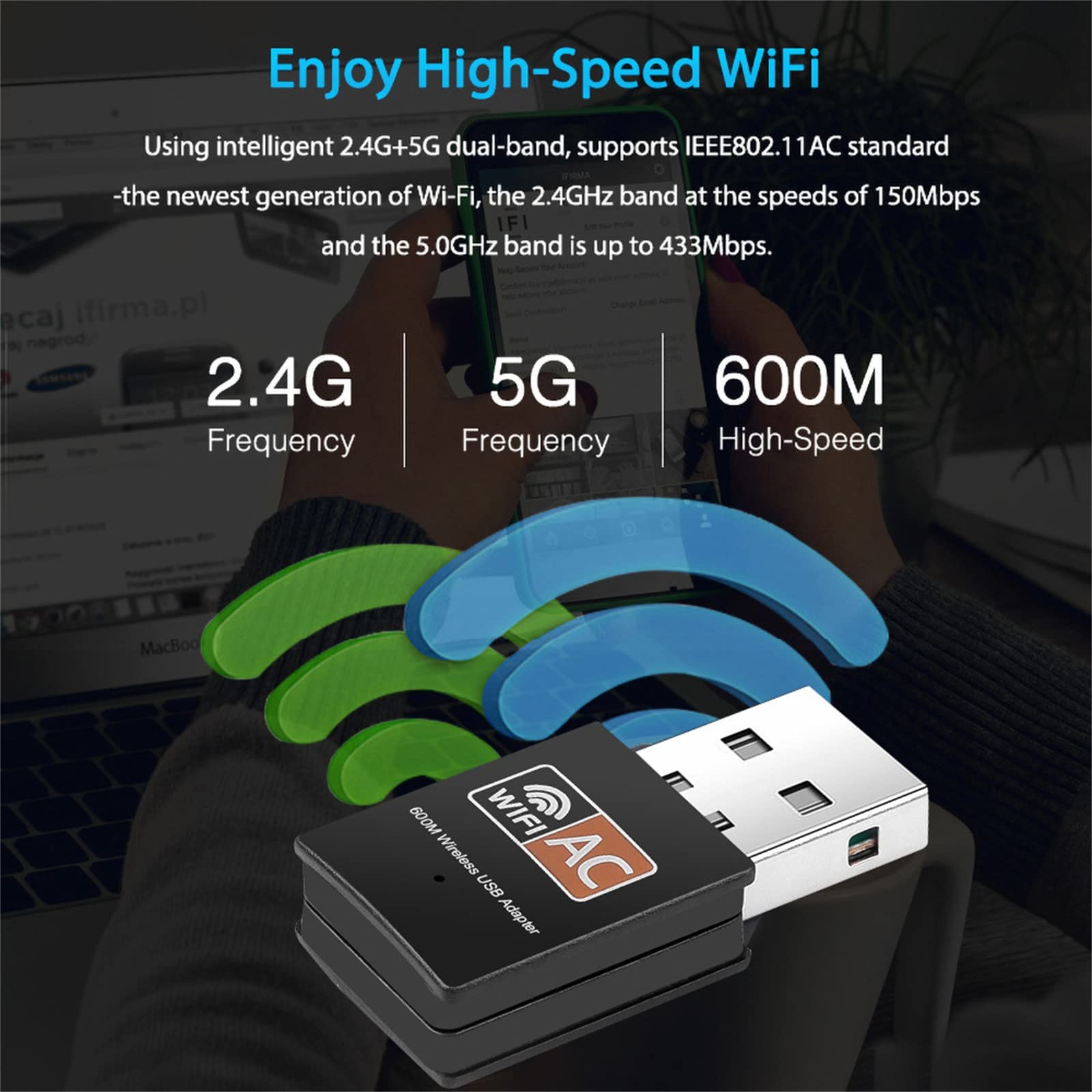 Charella USB WiFi Adapter, Ac600Mbps Dual Band 2.4/5Ghz Wireless USB Mini WiFi Network Adapter 802.11 Mini Wireless for Laptop/Desktop