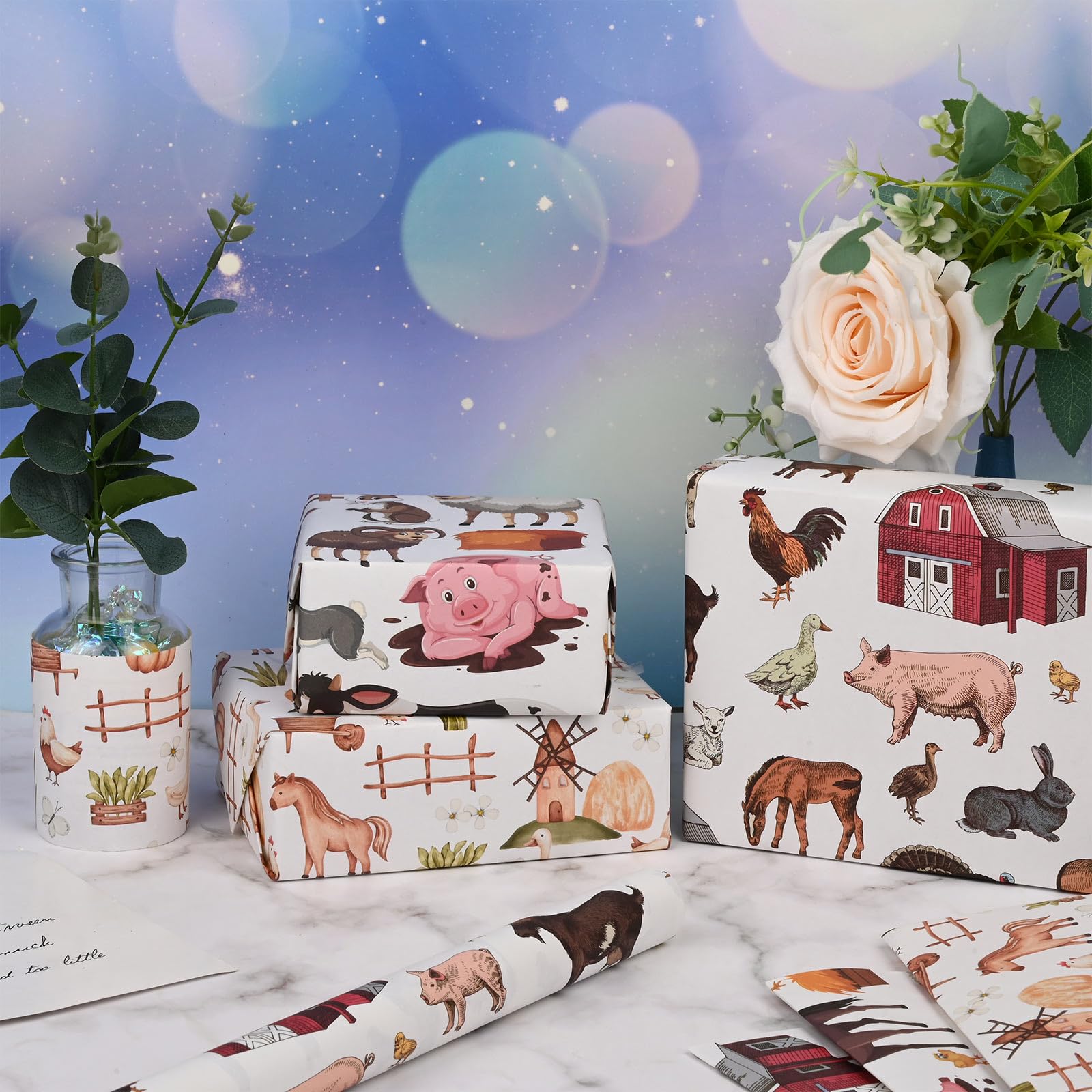 Bolsome 12 Sheets Red Barn Farm Animal Wrapping Paper Barnyard Gift Wrap Folded Wrapping Paper with Cow, Horse, Sheep, Goat, Pig, Duck, Chicken Pattern(20 inch x 28 inch sheet)
