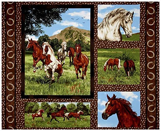 Horses & Horse Shoes Quilt Block or Pillow Cotton Fabric Panel (Great for Quilting, Sewing, Craft Projects, Blanket, Wall Hangings, and More) 35" X 44" Tall