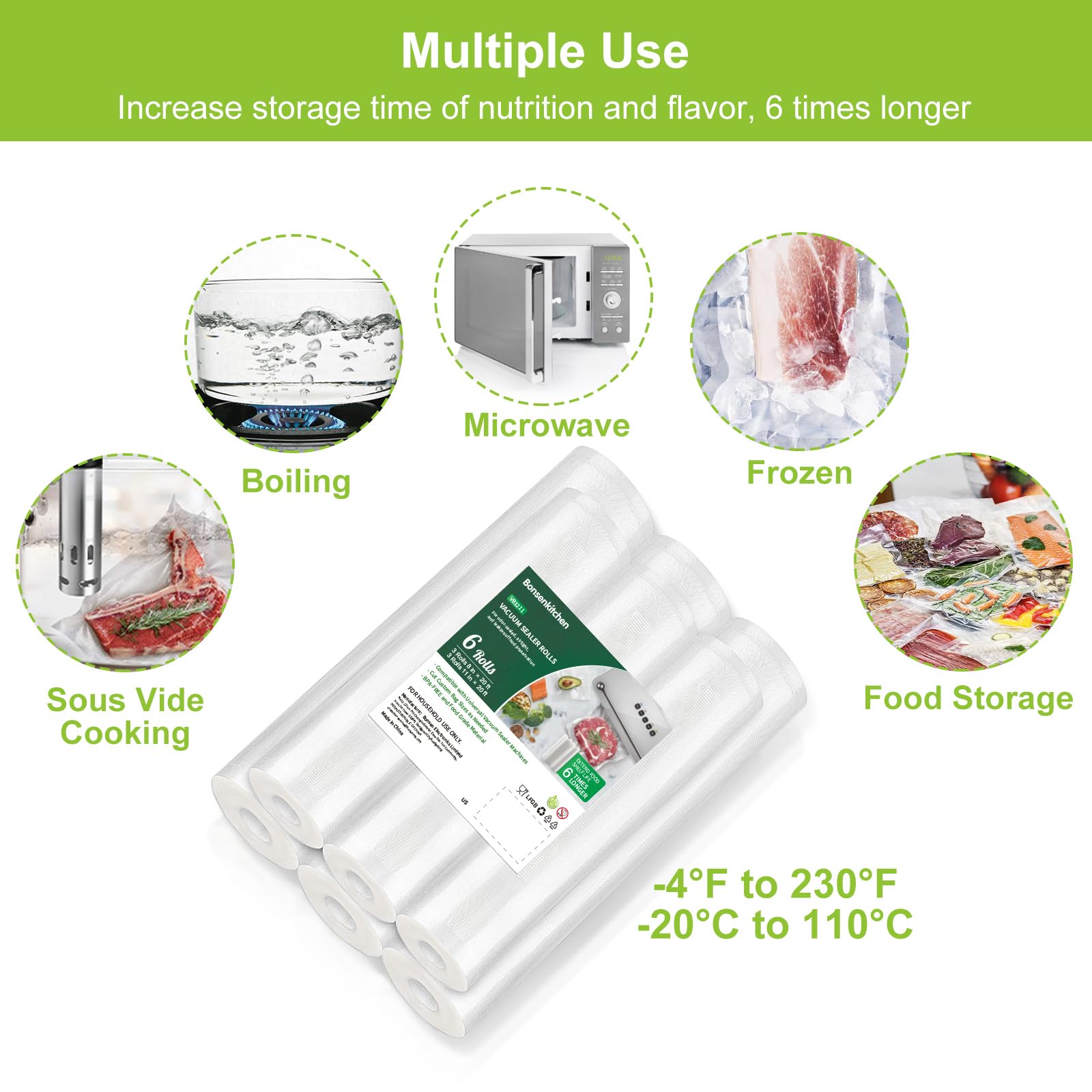 Bonsenkitchen Vacuum Sealer Rolls Bags, 6 Pack 11" x 20' 3 Rolls +8" x 20' 3 Rolls Storage Bags, BPA Free, Durable Commercial Customized Size Food Bags for Food Storage and Sous Vide Cooking VB3211
