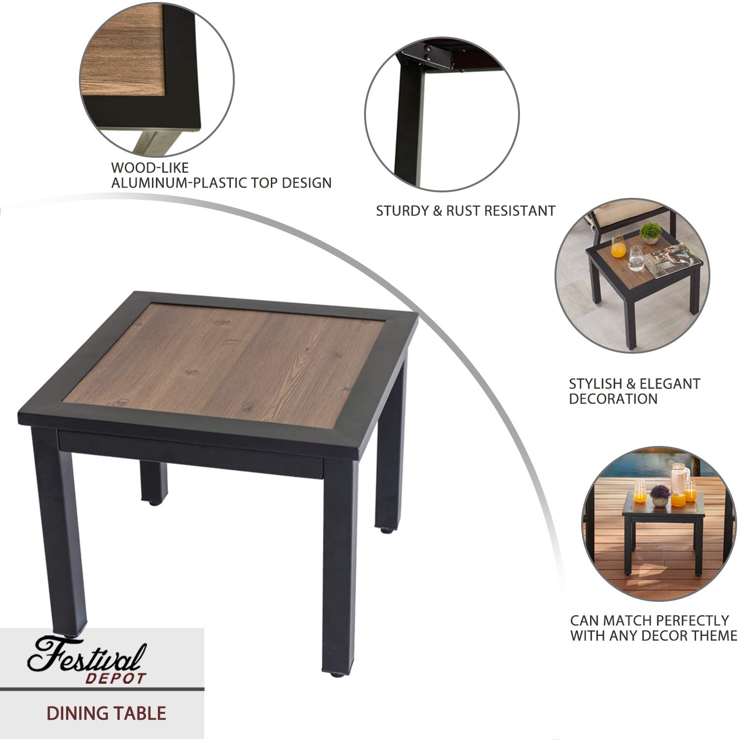 Festival Depot Patio Side Table Metal Coffee Table Table All Weather Outdoor Furniture for Bistro Porch Deck (Square)