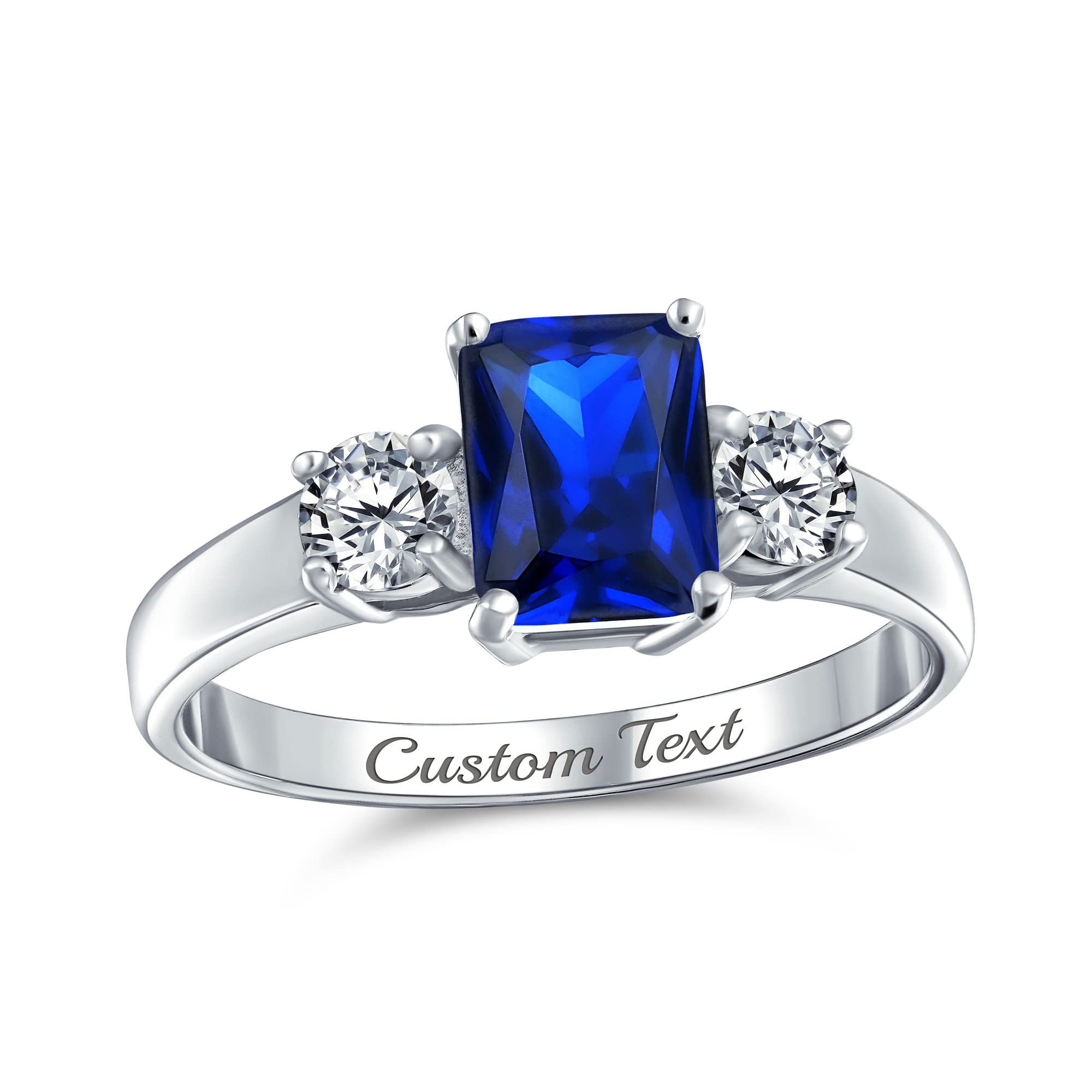 Bling Jewelry Personalized Timeless Classic Style 2CT Rectangle Clear Emerald Cut Three Stone Past Present Future Promise Engagement Ring for Women .925 Sterling Silver Plain Band Custom Engraved