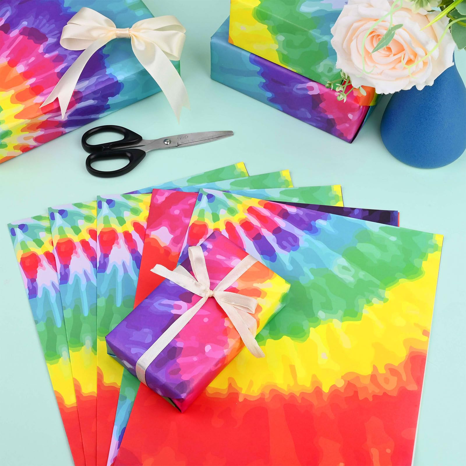 Bolsome Colorful Tie Dye Wrapping Paper Rainbow Gift Wrap Paper for Birthday Christmas Baby Shower DIY Craft, 19.7 x 27.6'', Folded Flat, 12 Sheet