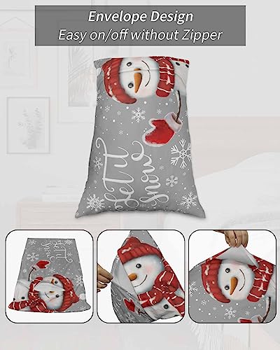 Edwiinsa Christmas Snowman Pillow Covers Standard Size Set of 2 Bed Pillow, Winter Red Snowflake Grey Plush Soft Comfort for Hair/Skin Cooling Pillowcases with Envelop Closure 20x26 Inches