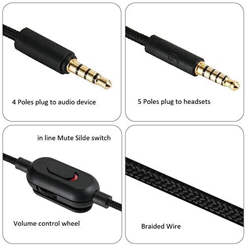 EARLA TEC Replacement Audio Cable for G433 Headphones,Aux Cord Braided Wire with Volume Control &Mic Mute Compatible with Logitech G Pro X G Pro G233 Gaming Headsets (Black)