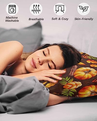 Edwiinsa Fall Pumpkin Pillow Covers Standard Size Set of 2 Bed Pillow, Brown Autumn Maple Leaves Farmhouse Plush Soft Comfort for Hair/Skin Cooling Pillowcases with Envelop Closure 20''x26''