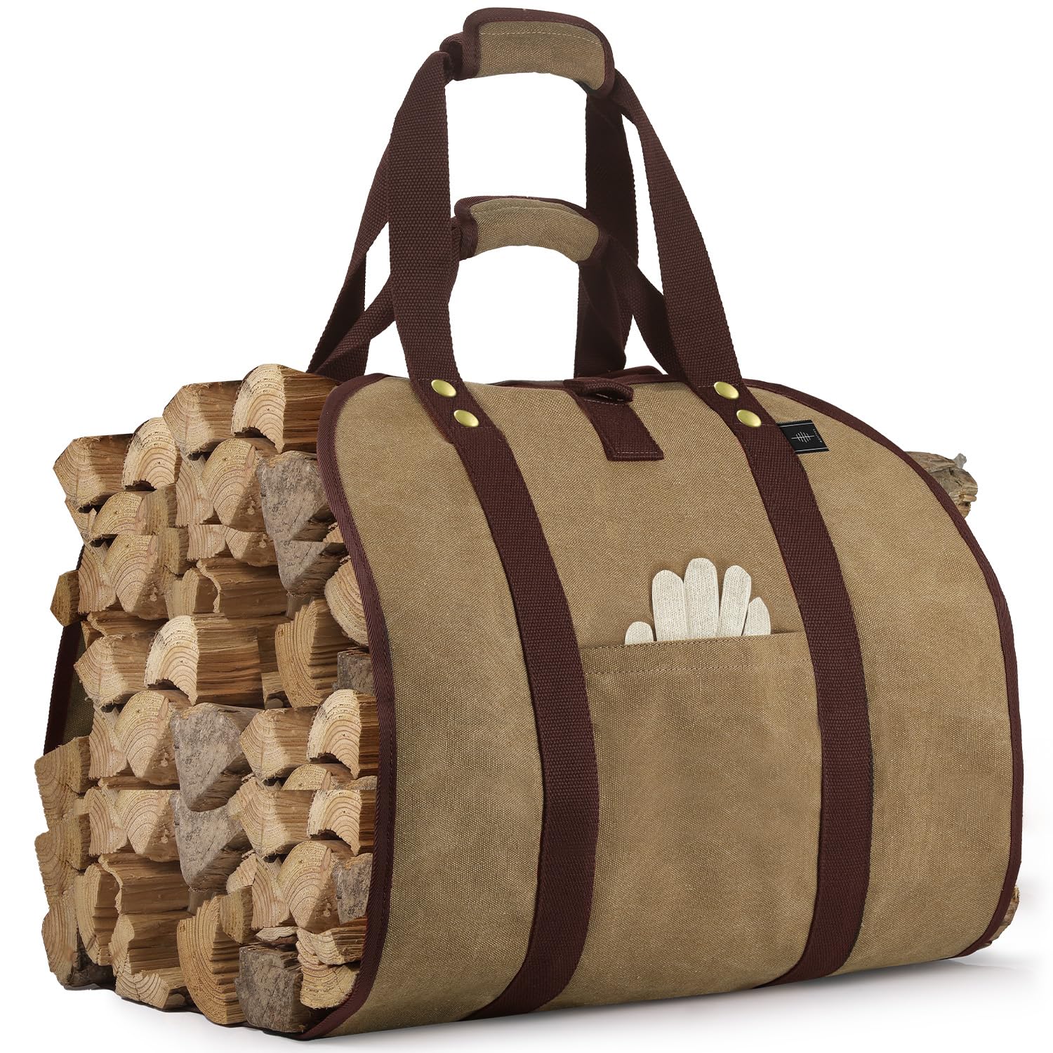 BONTHEE 2 Handles Canvas Tool bags with Pocket for Fireplace Firewood - Brown