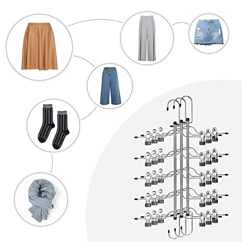 CINKSY Space Saving Pants Skirt Hanger 5 in 1 Pants Jeans Hangers with Non-Slip Foam Padded Metal Skirt Hanger with Adjustable Clips
