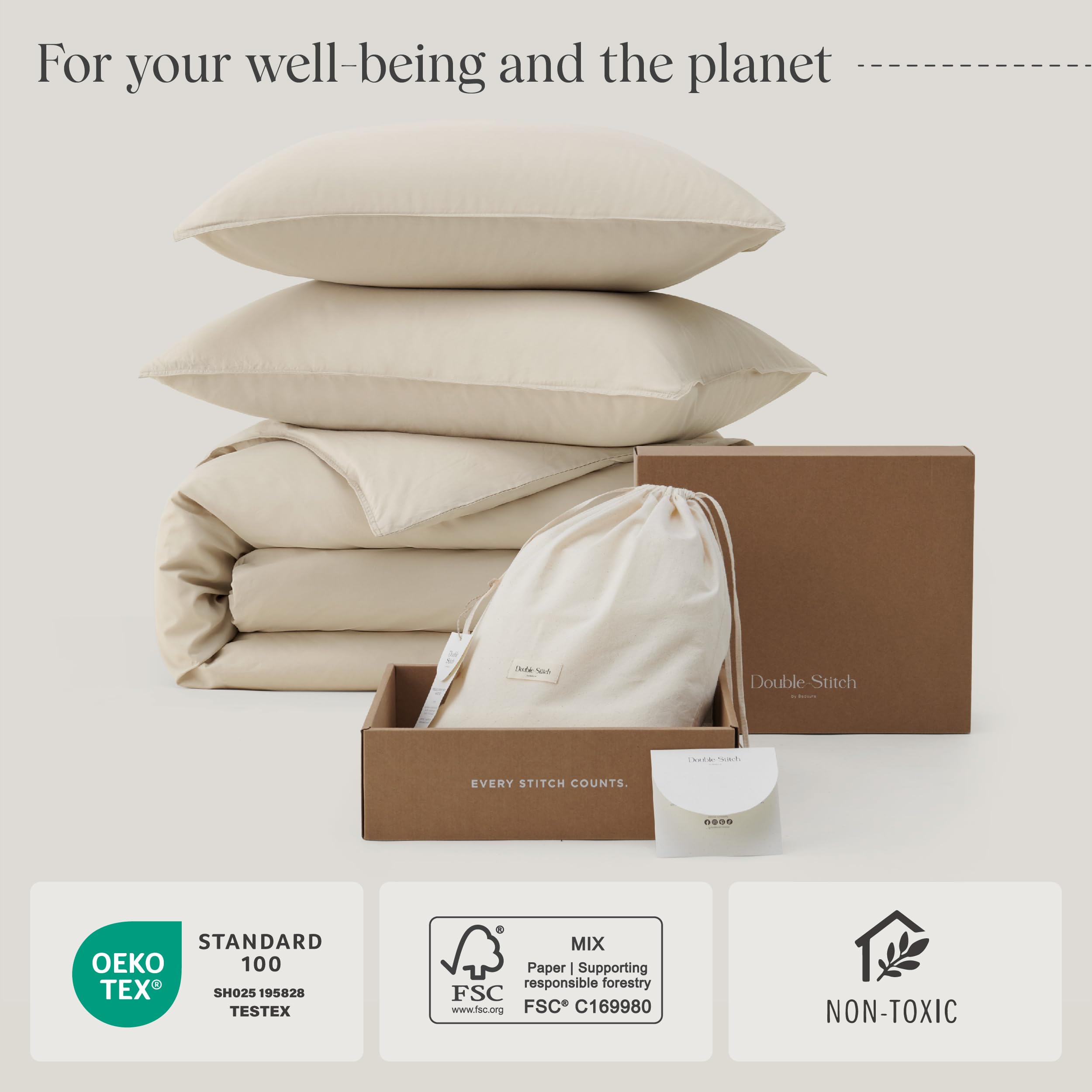 Double Stitch by Bedsure Cotton Tencel™ Lyocell Percale Duvet Cover and Fitted Sheet Bundle, 1 Cotton Tencel Lyocell Duvet Cover Set, 1 Cotton Tencel Lyocell Queen Fitted Sheet, King, Sandstone