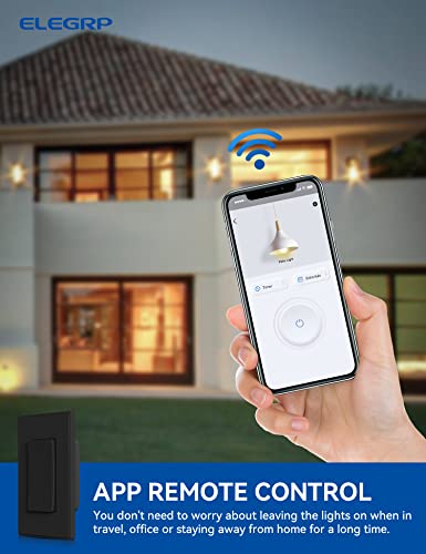 ELEGRP Smart Light Switch, 2.4GHz Wi-Fi Single Pole Light Switch Compatible with Alexa and Google Assistant, Neutral Wire Required, APP Remote Control and Timer Schedule, UL Certified (Black, 1 Pack)
