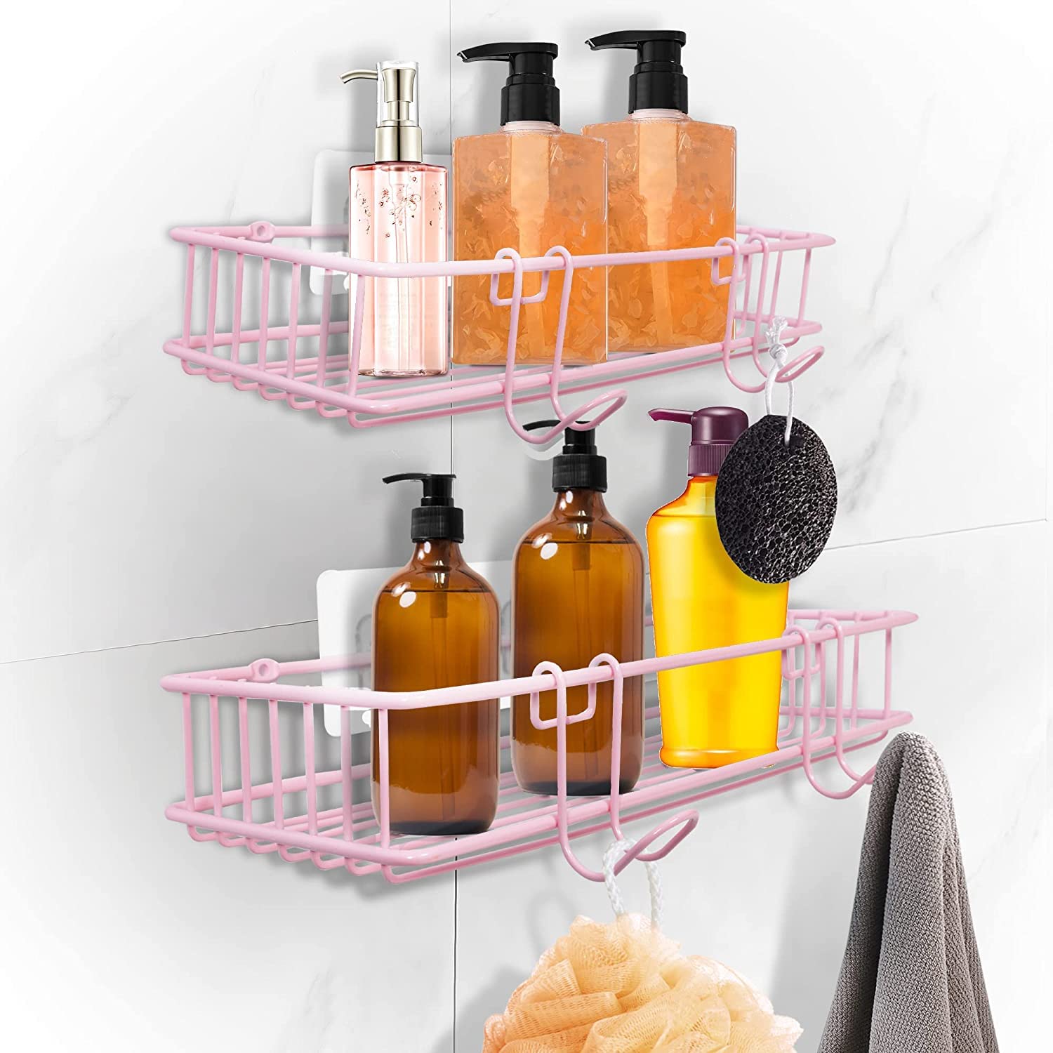 TONLEA Shower Caddy, Shower Organizer for Bathroom, 2-Pack Rustproof Stainless Steel Shower Shelves with Hooks for Bathroom Storage, Adhesive or Drilling Kitchen Organization, Pink